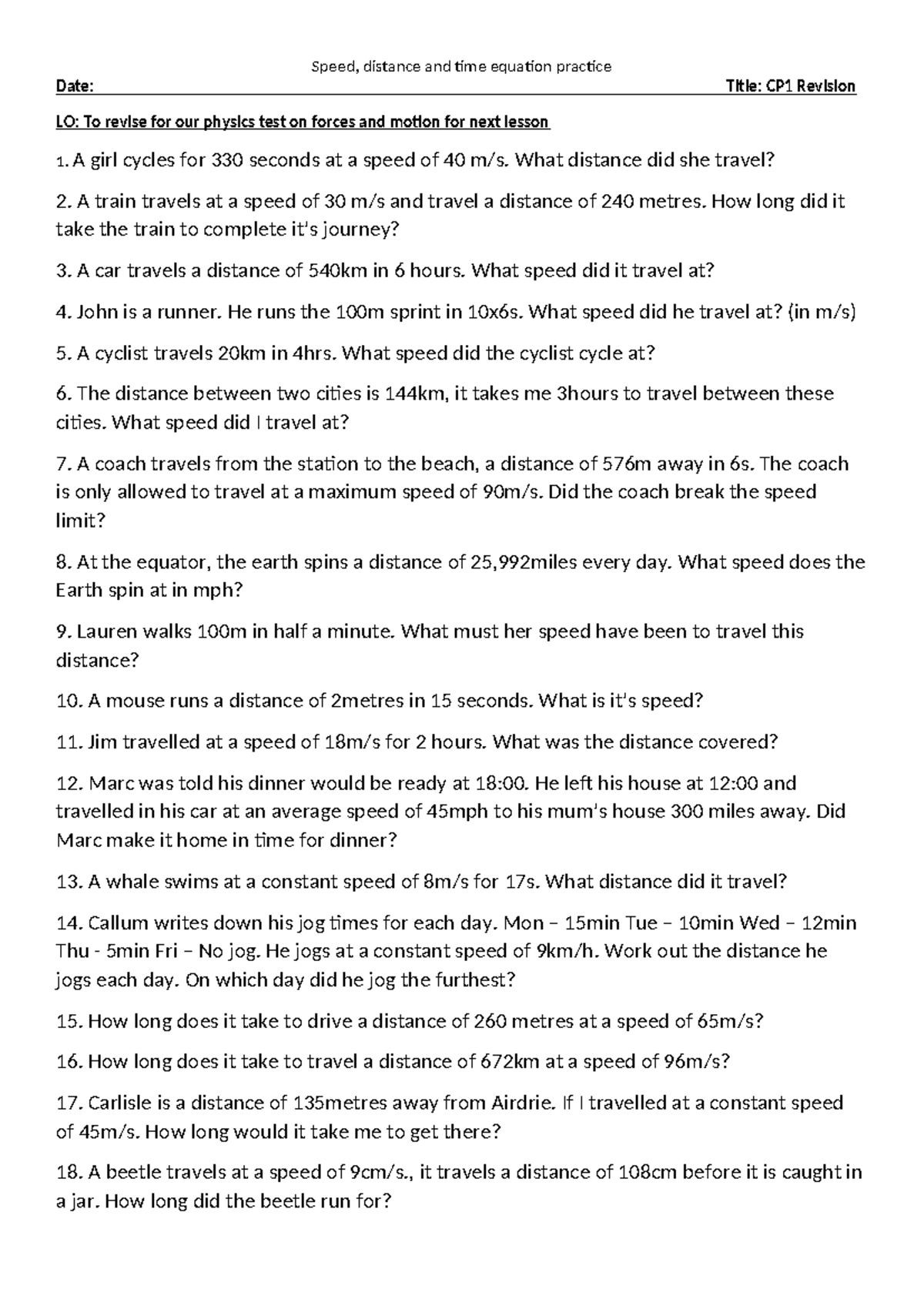Speed, distance tine equations - Speed, distance and time equation ...