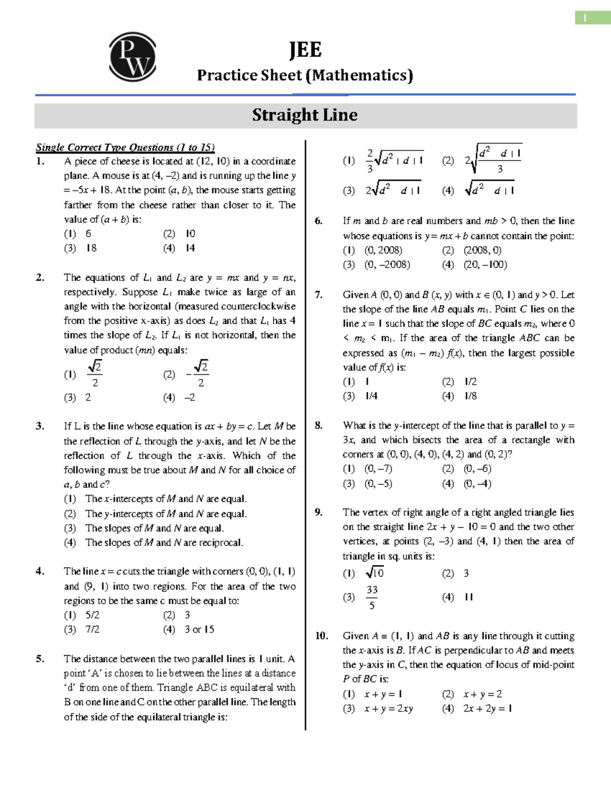 Straight Line practice sheet - JEE Practice Sheet (Mathematics ...