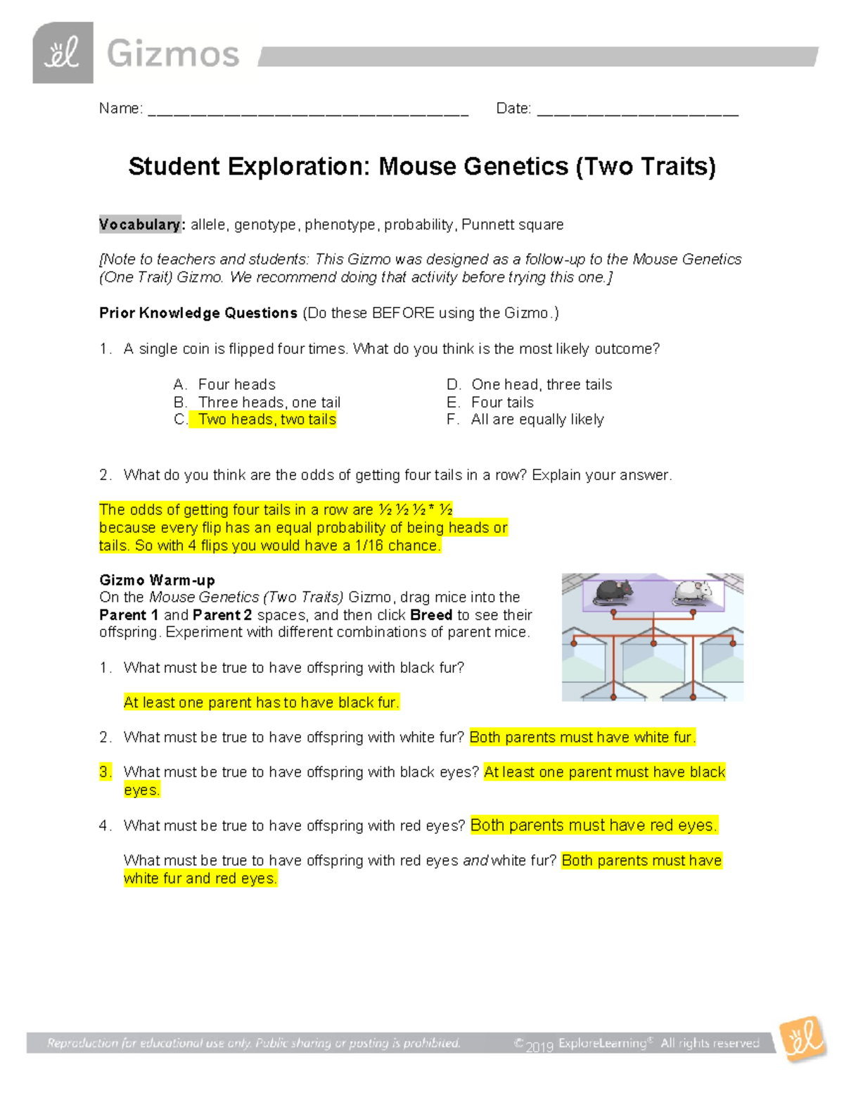 Gizmo-Mouse Genetics 2SE - Name: ______________________________________ Date: - Studocu