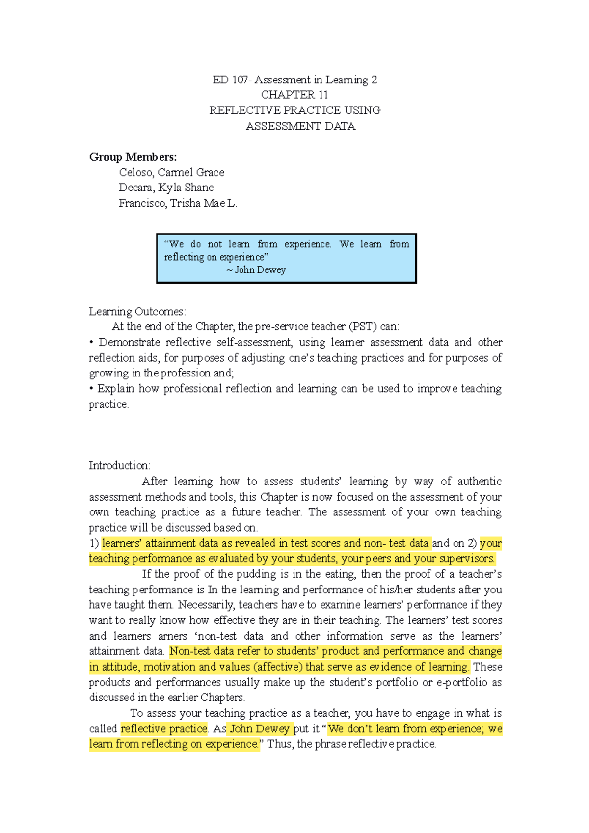 Ed 107 Chapter 11 Reflective Practice Using Assessment Data Ed 107
