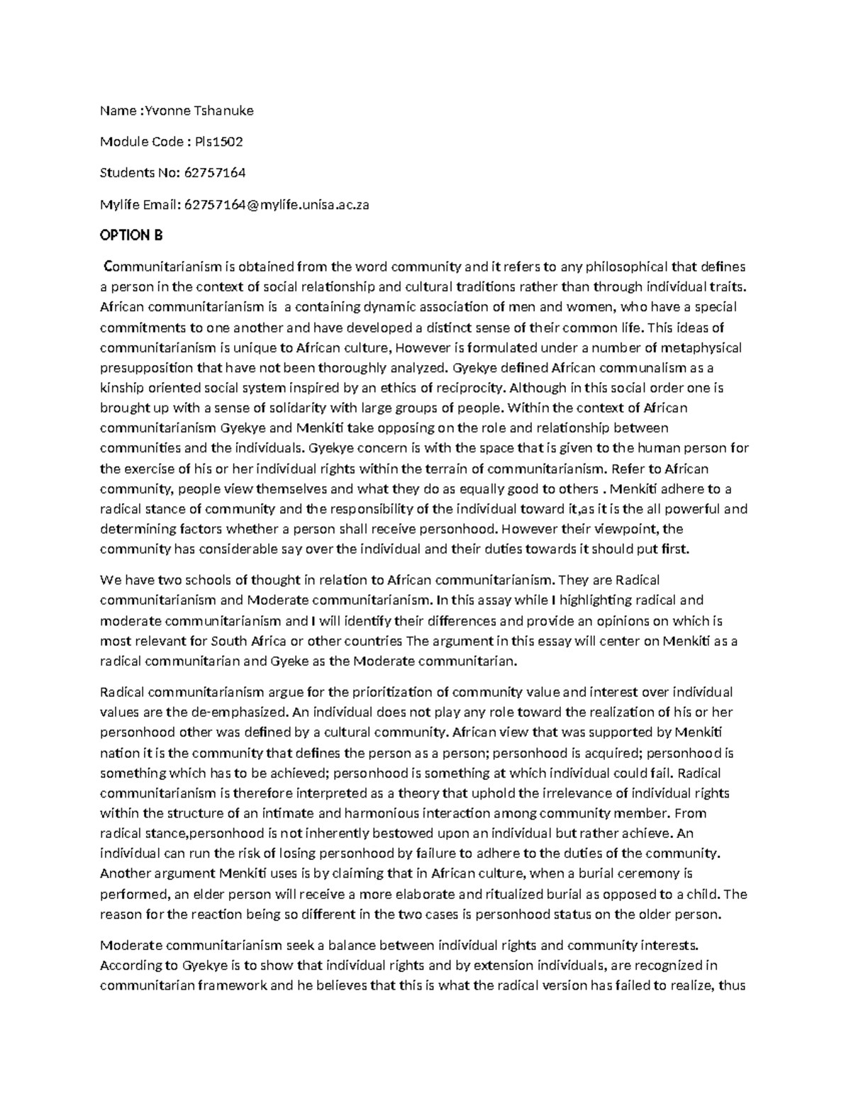 PLS1502 - Name :Yvonne Tshanuke Module Code : Pls Students No: 62757164 ...