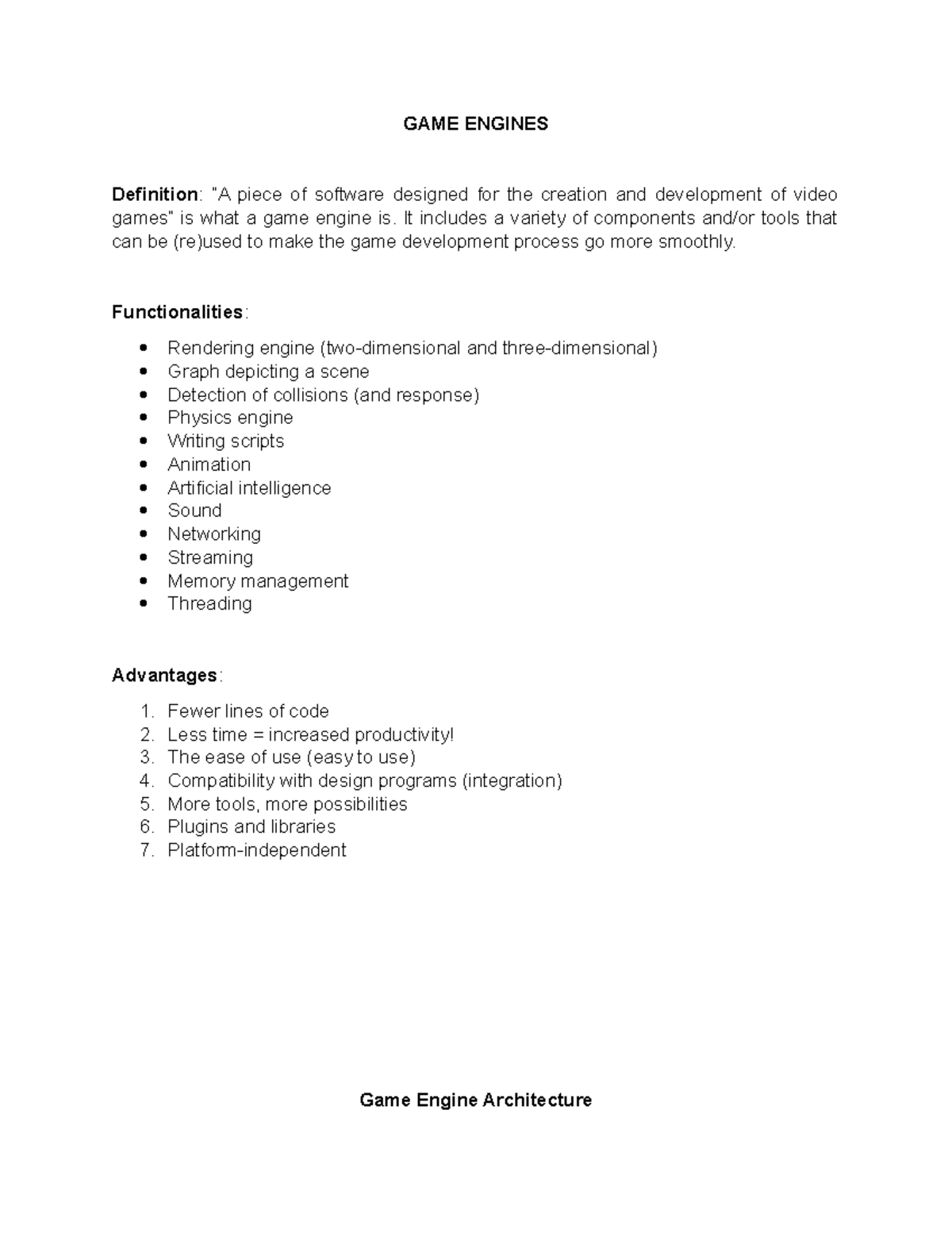 Game engines - GAME ENGINES Definition: “A piece of software designed ...