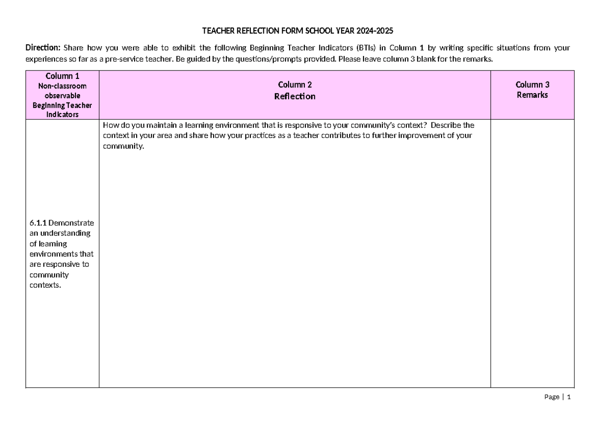 TRF 2024 Template - Ranking purposes - TEACHER REFLECTION FORM SCHOOL ...