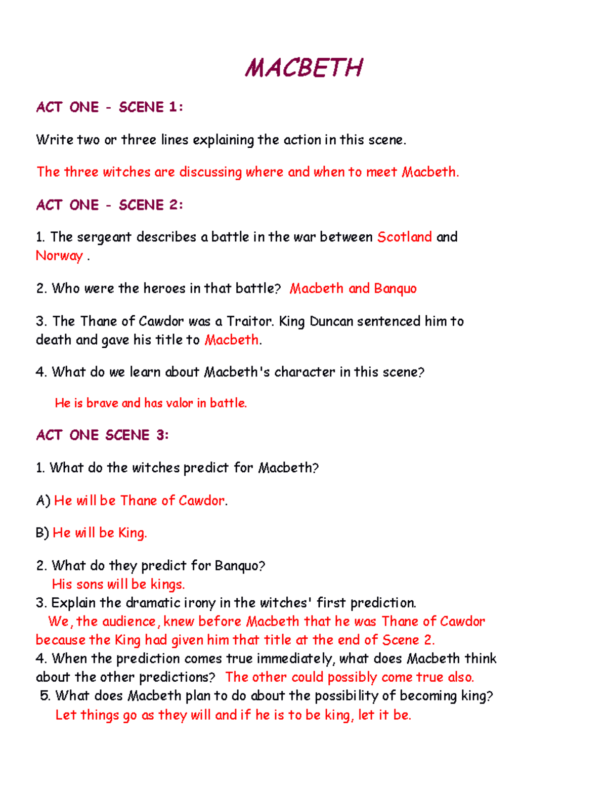 Macbethact 1questionsandanswers-2 - MACBETH ACT ONE - SCENE 1: Write ...