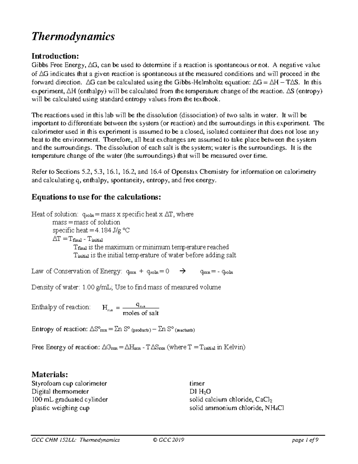 Entropy lab - Thermodynamics Introduction: Gibbs Free Energy, G, can be ...