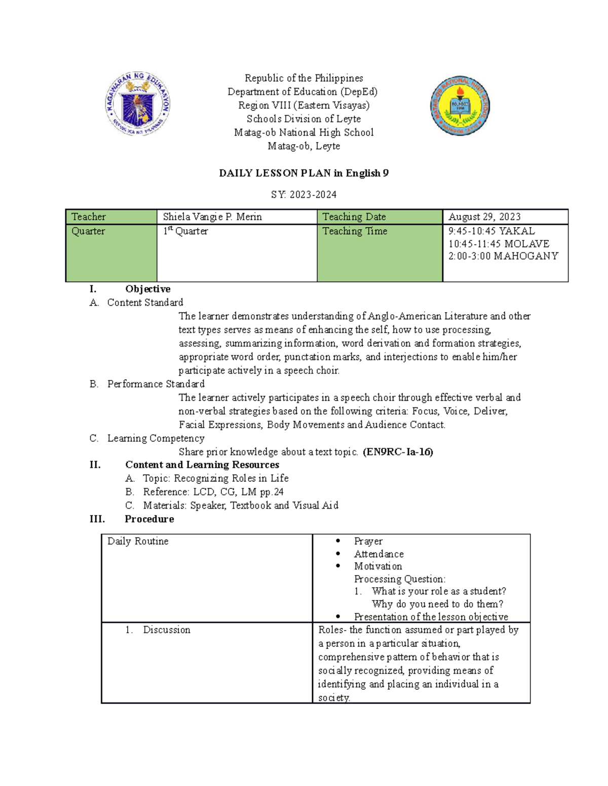Lesson 1 Roles - For practice teaching requirements - Republic of the ...