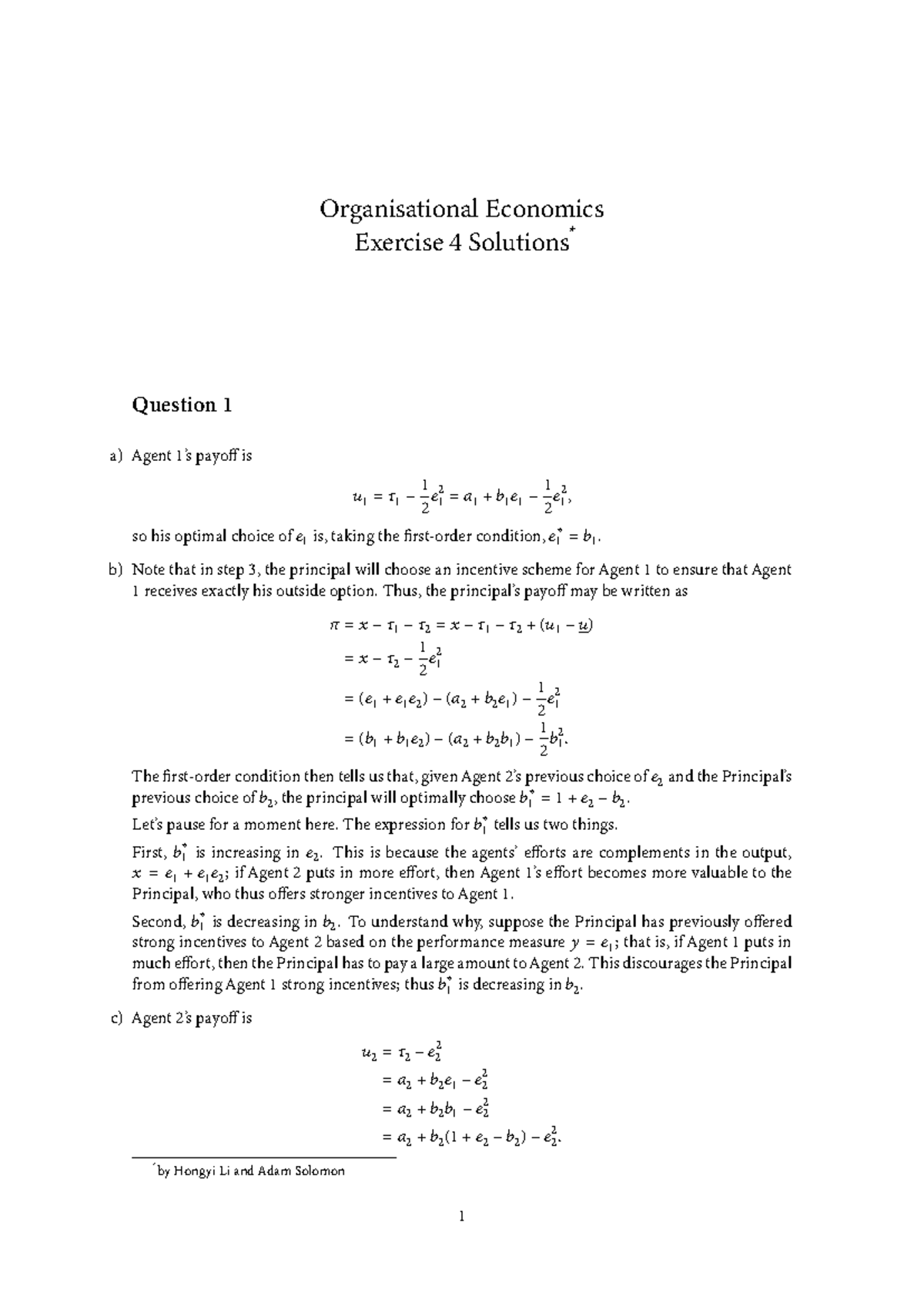 Exercise Solution 04 - Organisational Economics Exercise 4 Solutions ...