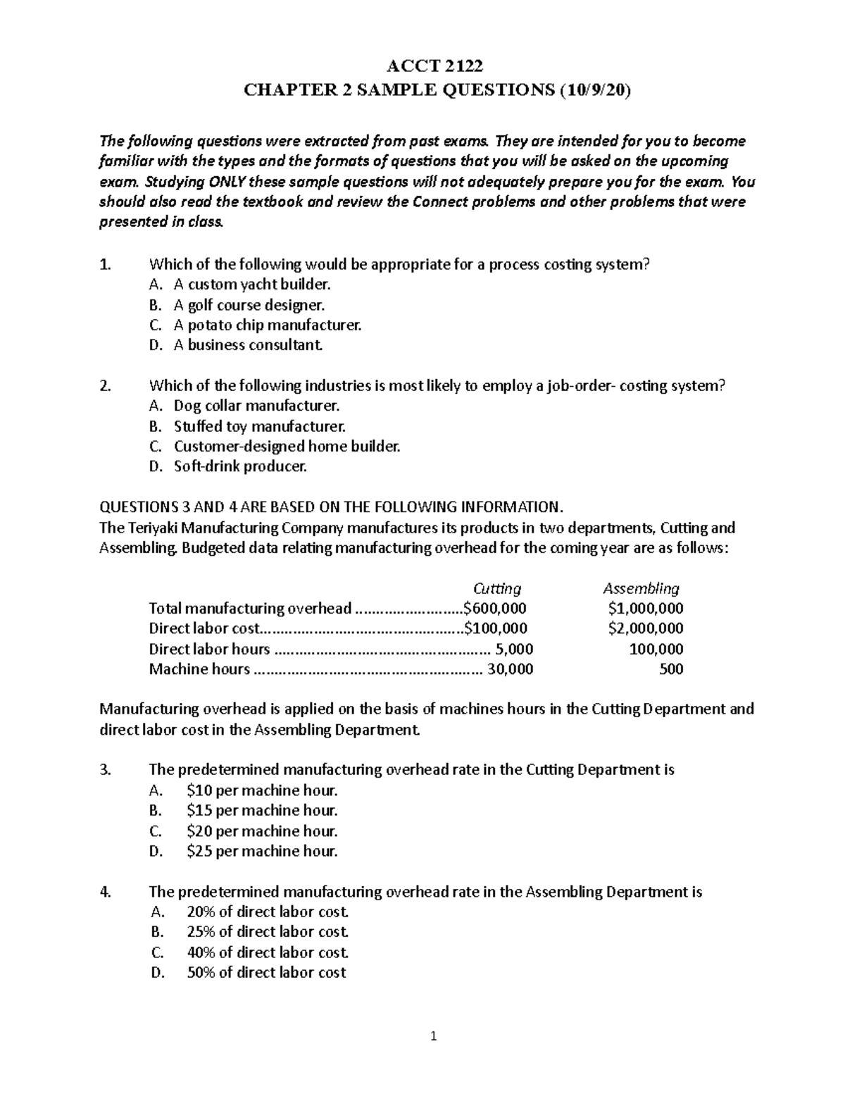 Chapters 2 and 5 Sample Questions - ACCT 2122 CHAPTER 2 SAMPLE ...