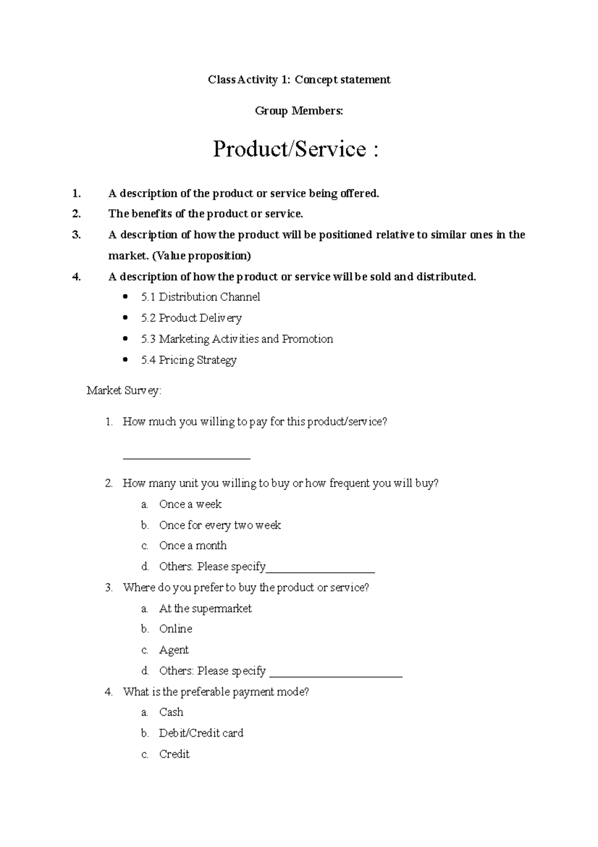 Template for market survey - Class Activity 1: Concept statement Group ...