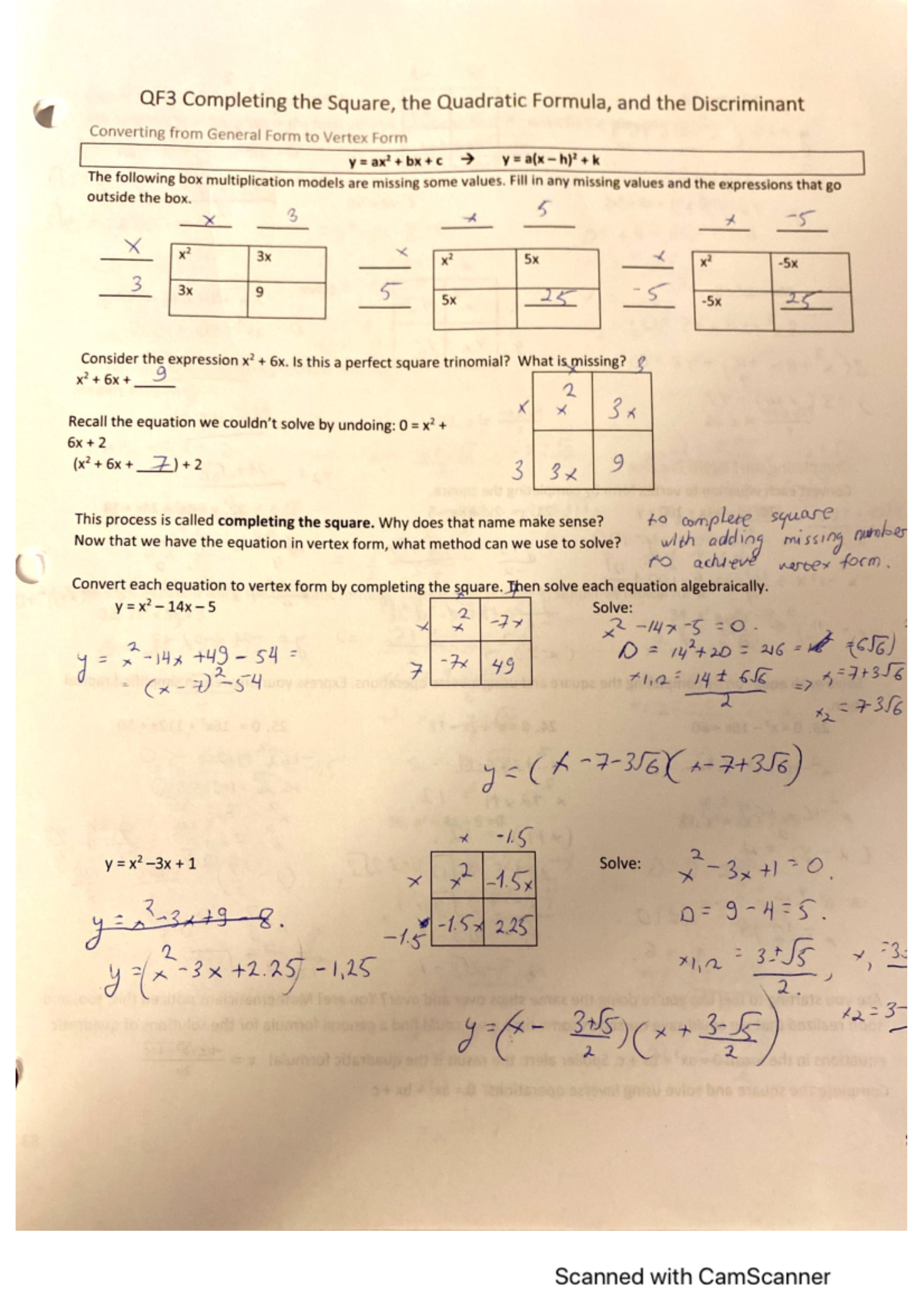 Assignment 20 - QF3 Completing the Square, the Quadratic Formula, and ...