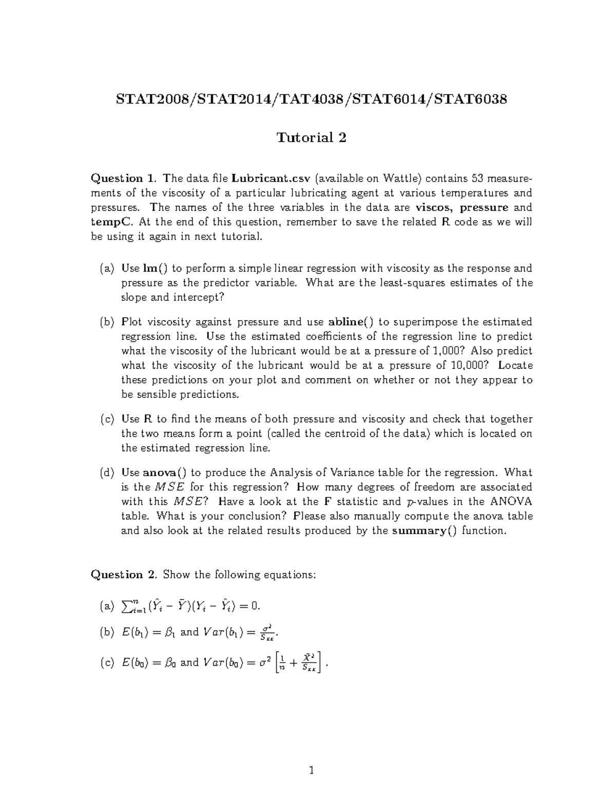 STAT2008/STAT2014/STAT4038/STAT6014/STAT6038 Tutorial 4 Question One The data file auscars.csv ...