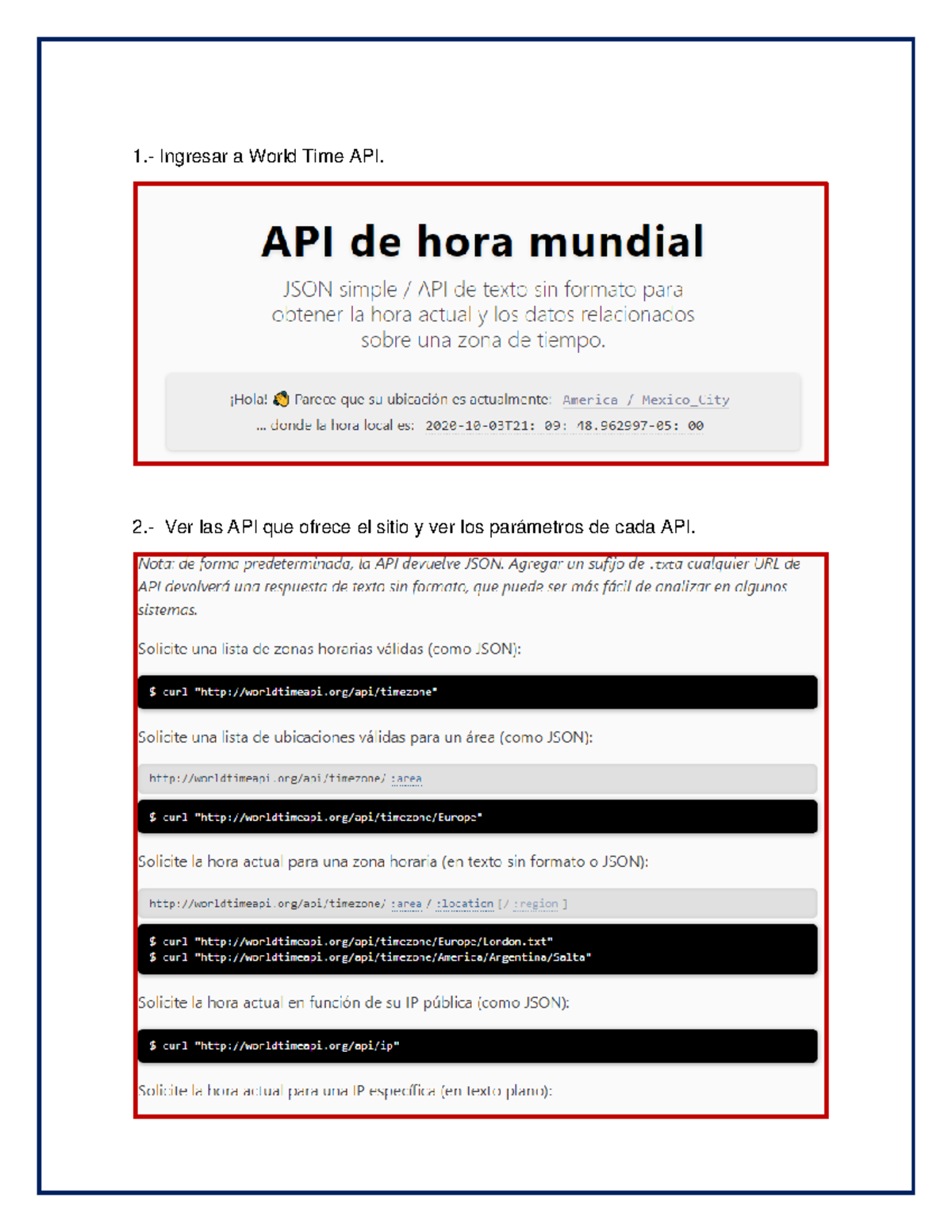2.3 Testing API 2-2 - 1.- Ingresar a World Time API. 2.- Ver las API ...
