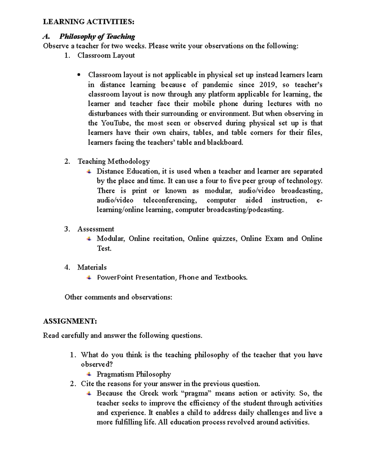 Field Study 1 Activity (19) - LEARNING ACTIVITIES: A. Philosophy of ...
