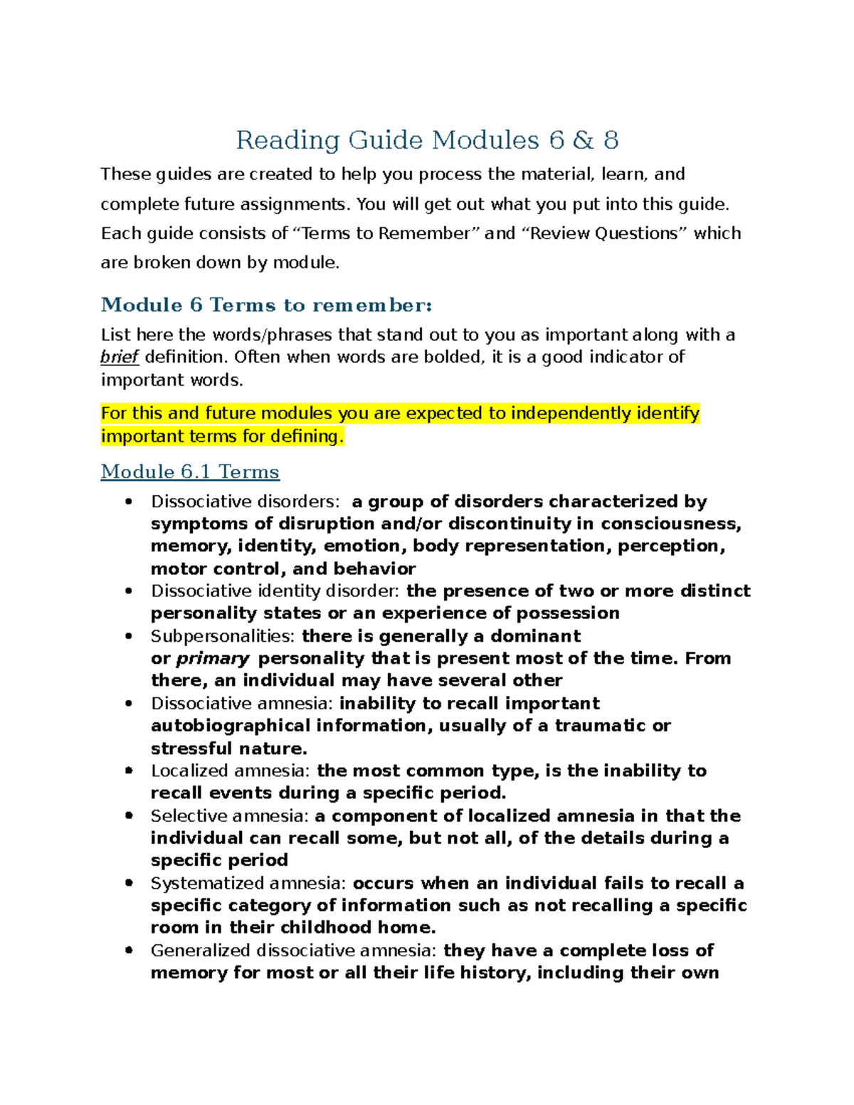 Reading Guide Modules 6 & 8 - Reading Guide Modules 6 & 8 These guides ...
