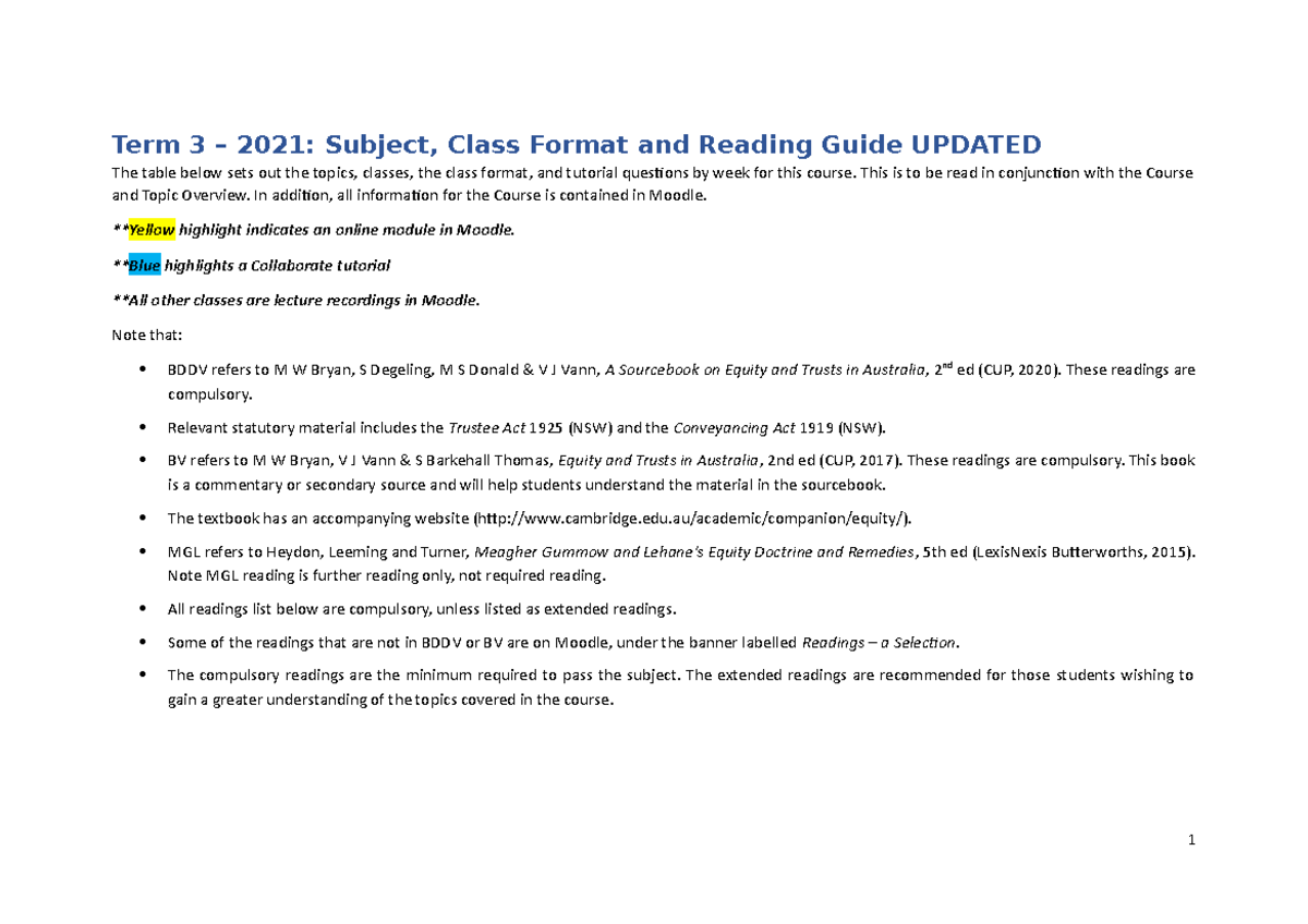 Subject, Class Format and Reading Guide Updated - Term 3 – 2021 ...