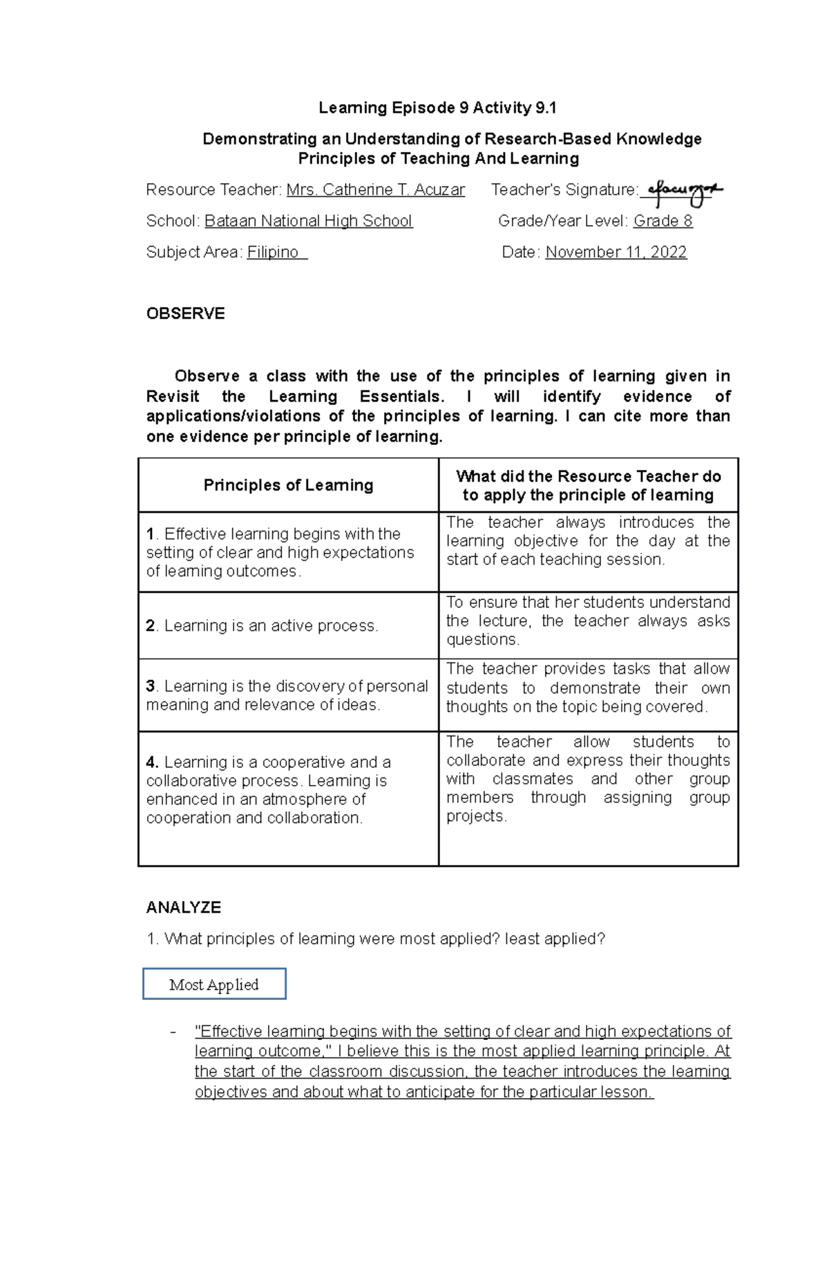 Field Study 1 Learning Episode 9 lesson and Activity - Learning Episode ...