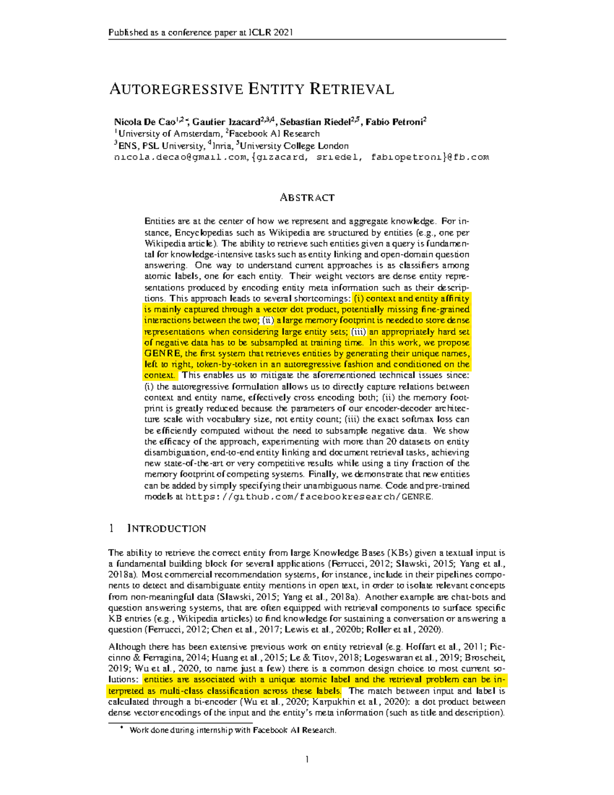 Autoregressive Entity Retrieval - AUTOREGRESSIVE ENTITY RETRIEVAL Nicola De Cao1,2∗ , Gautier ...