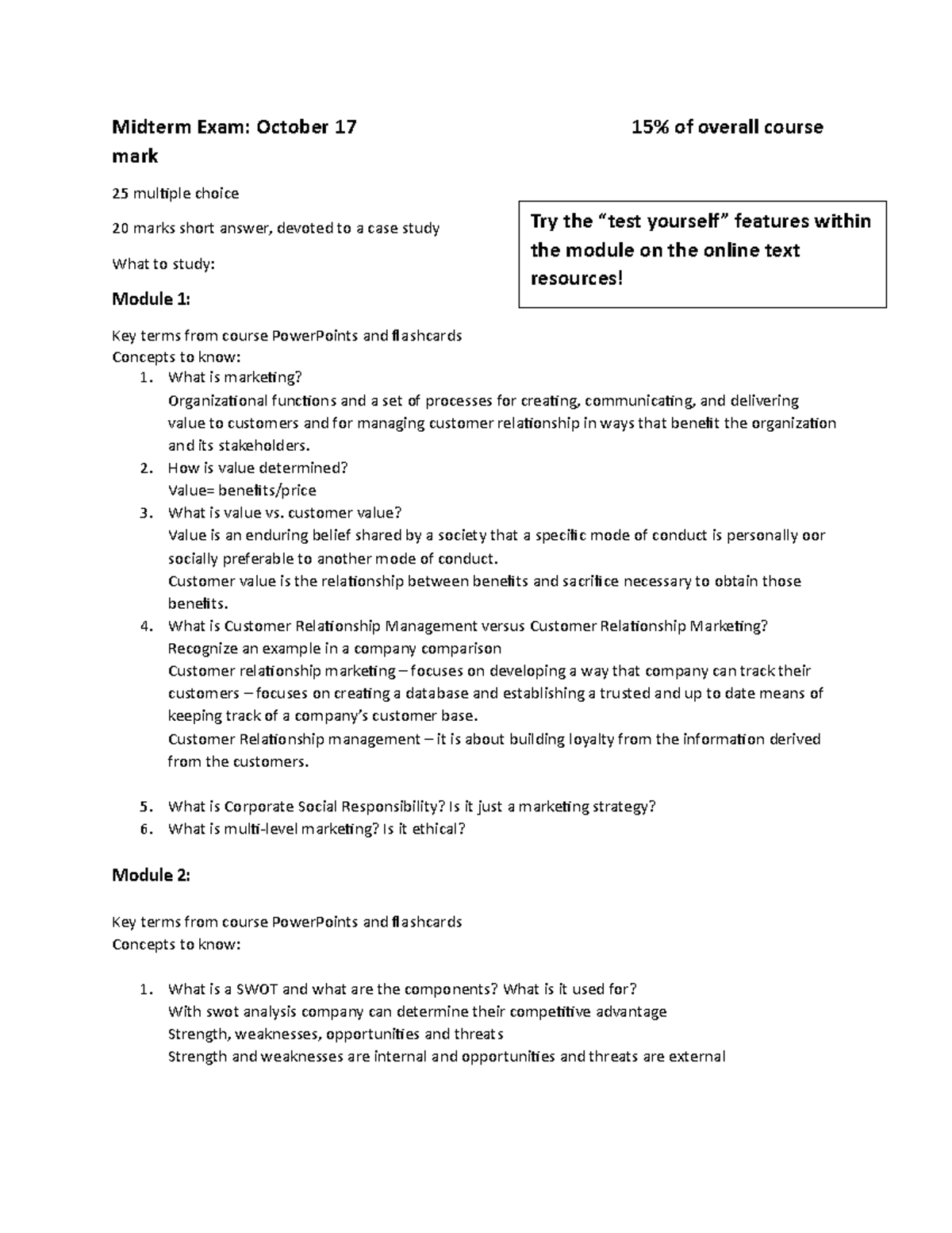Midterm Exam- For your preparation - Midterm Exam: October 17 15% of ...