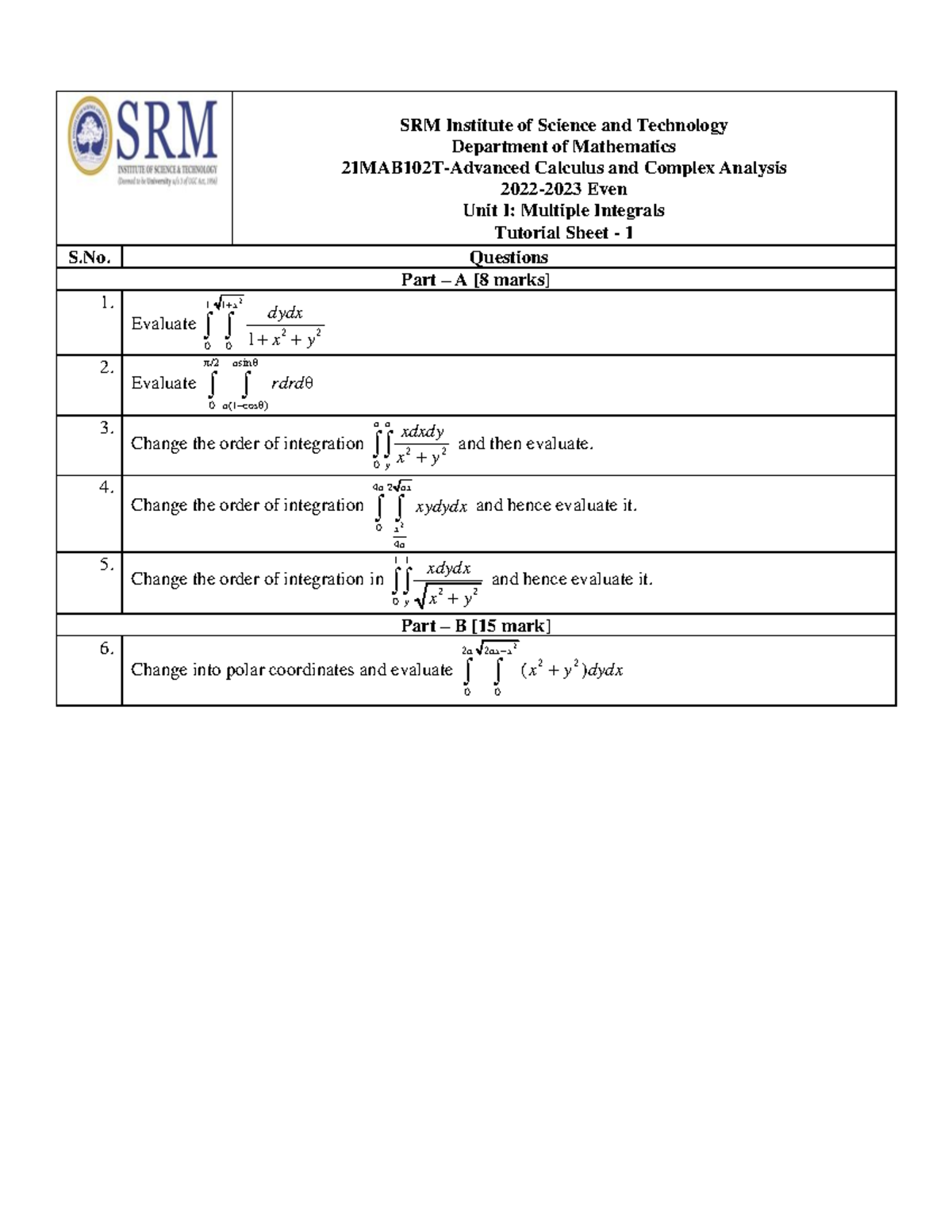 Tutorial 1 - SRM Institute of Science and Technology Department of ...