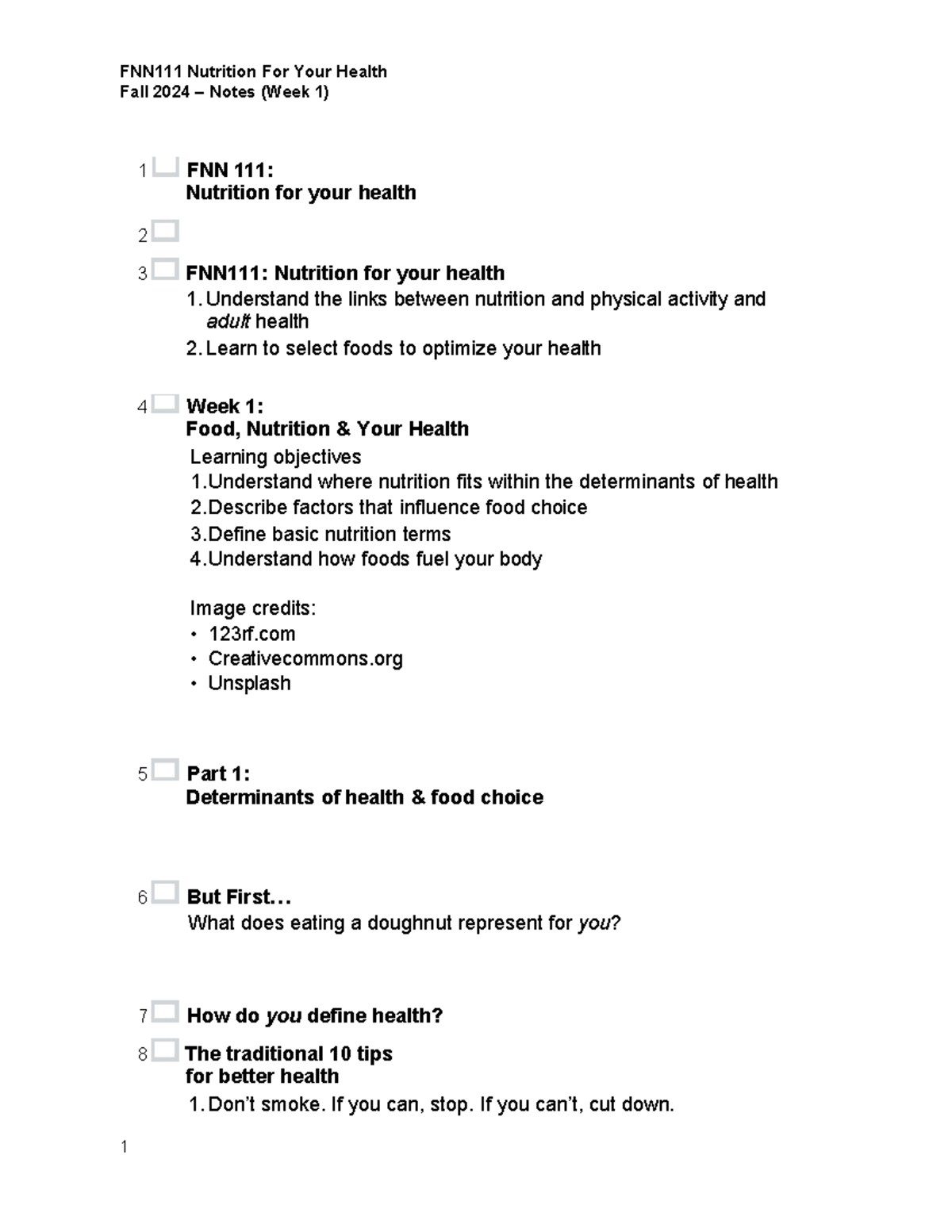 Fall 24 Week 1 Notes Handouts - Fall 2024 – Notes (Week 1) 1 FNN 111 ...