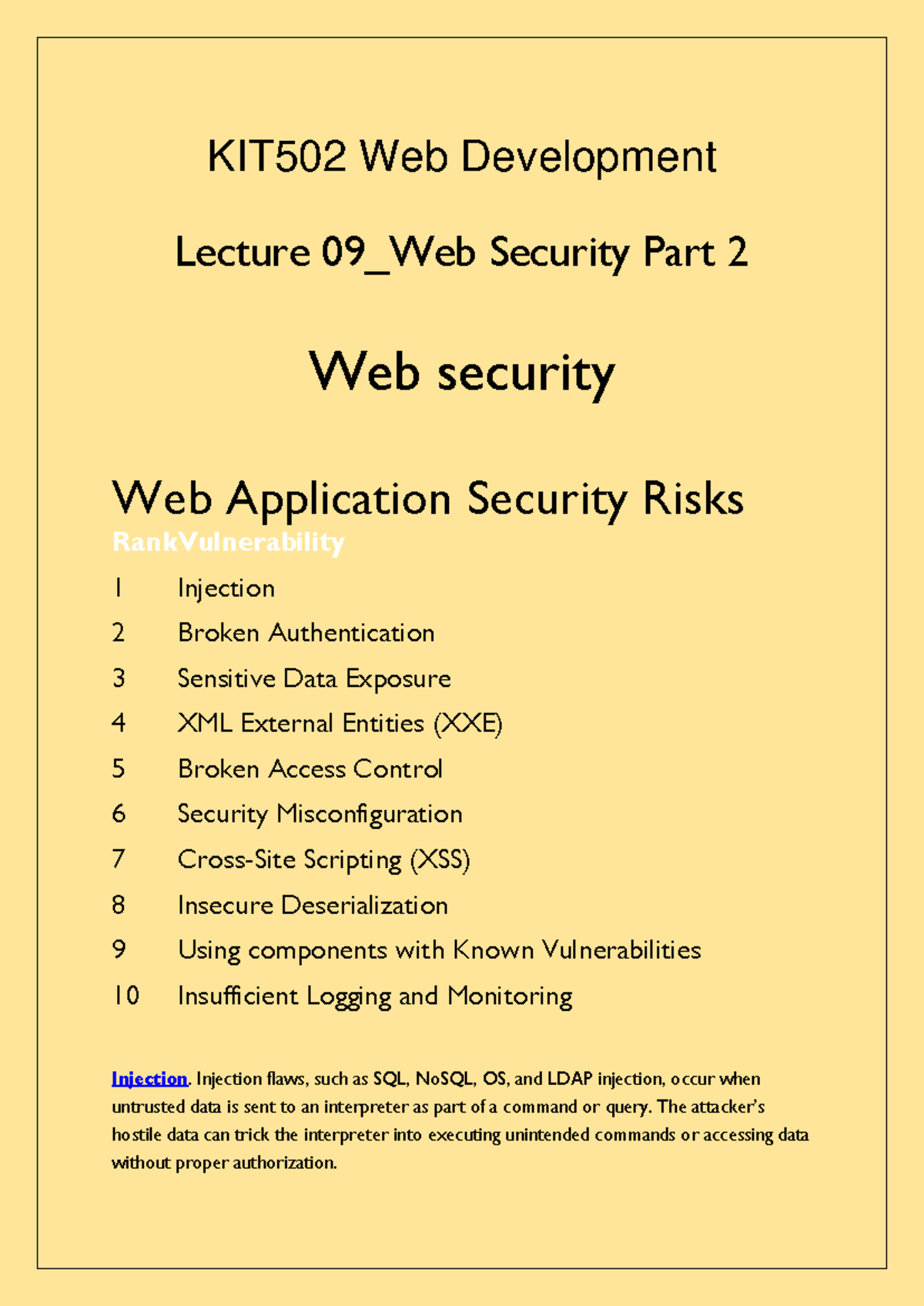 KIT502 lecture note week 09 Web Application Security Risks Web Development - KIT502 Web ...