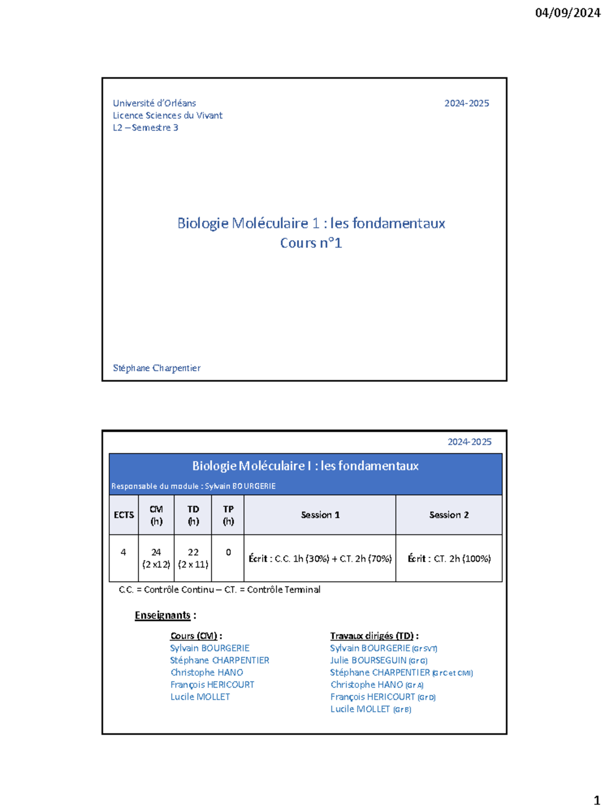 Cours 1 Introduction BM I 2024-25 - Université d’Orléans Licence ...