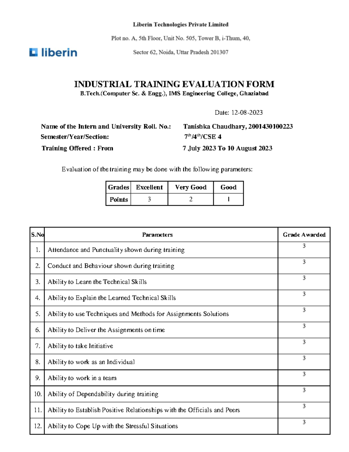 Tanishka Ch Feedback Letter - INDUSTRIAL TRAINING EVALUATION FORM B ...