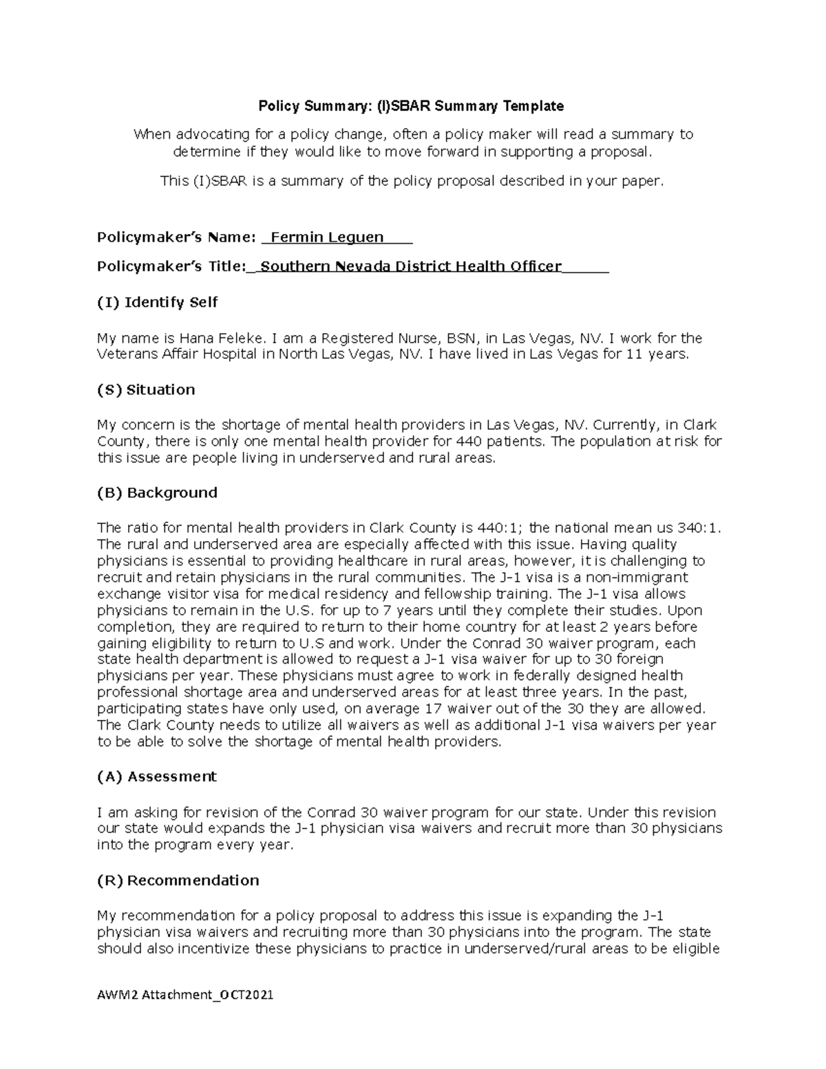 (I)SBAR Summary - Policy change advocacy assignment - Policy Summary ...