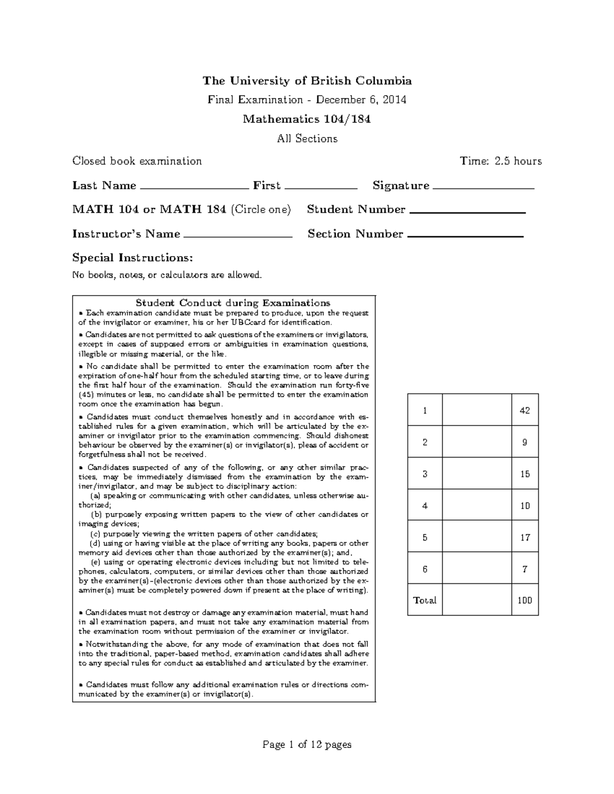 Practice Exam MATH 104 - The University of British Columbia Final ...