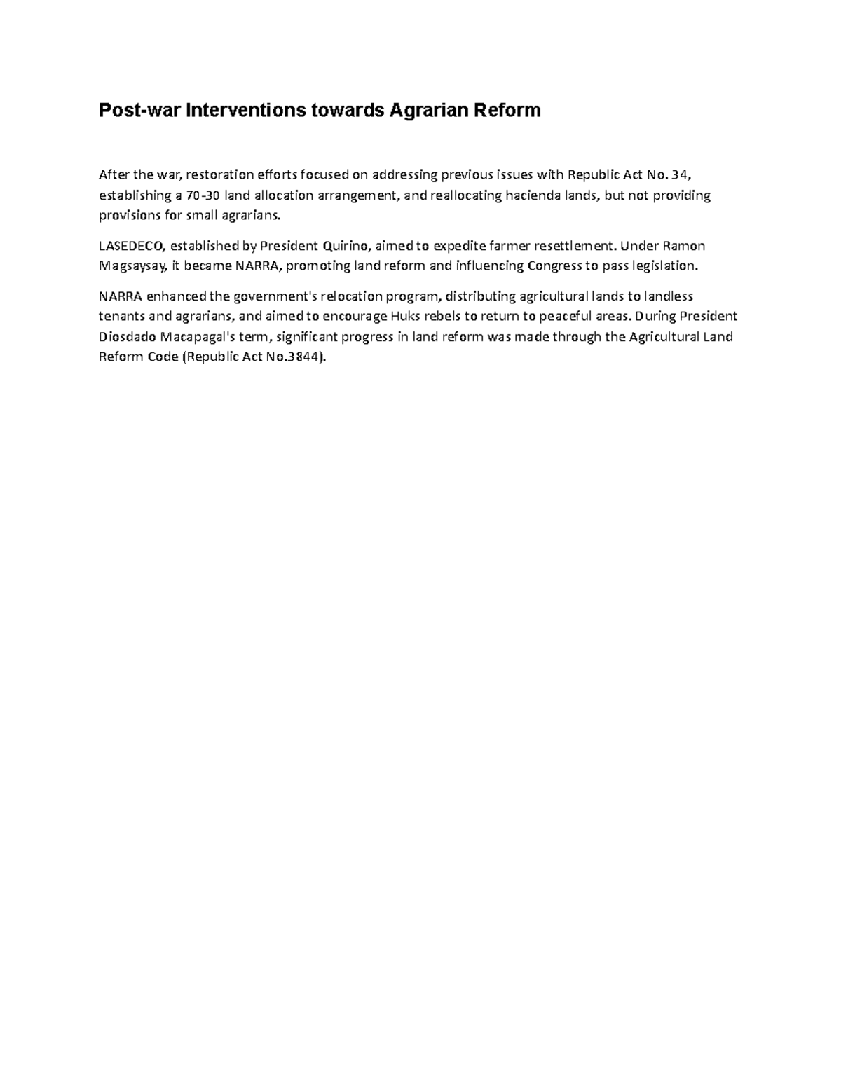 Post war Interventions toward Agrarian Reform - Post-war Interventions ...