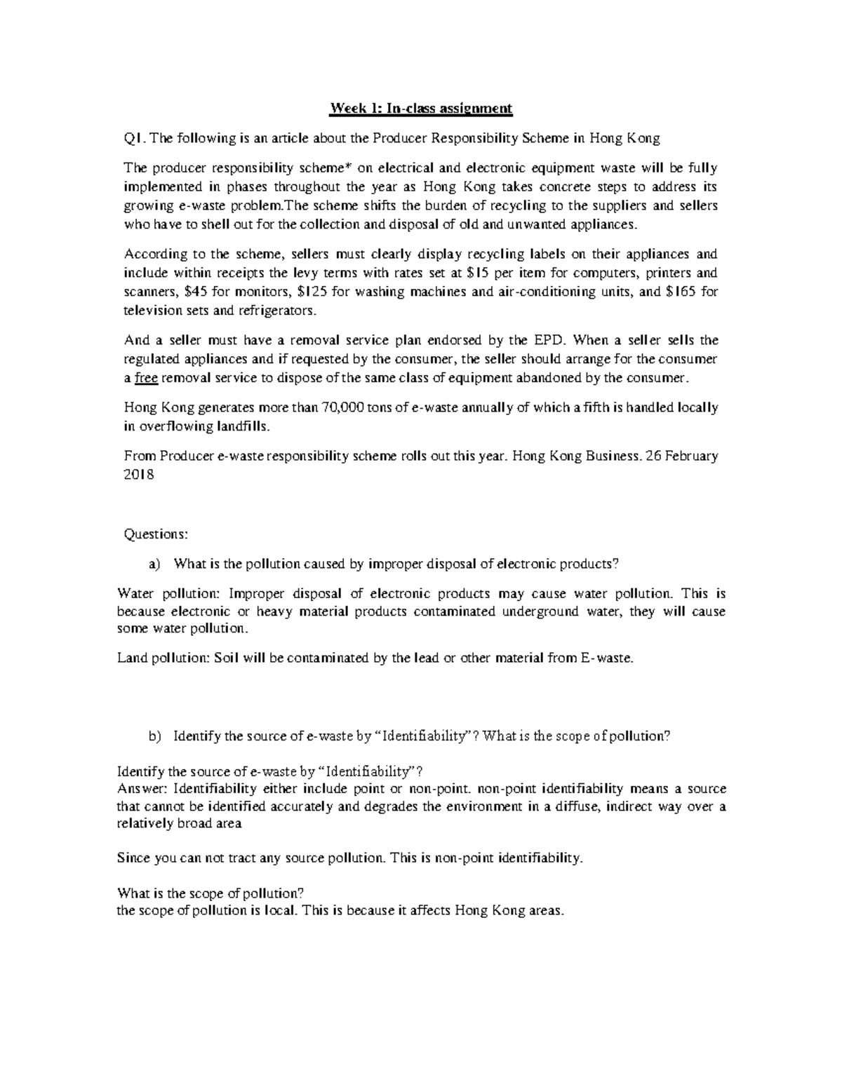 Lesson 1 in class assignment 22-23A (1) - Week 1: In-class assignment Q1. The following is an ...