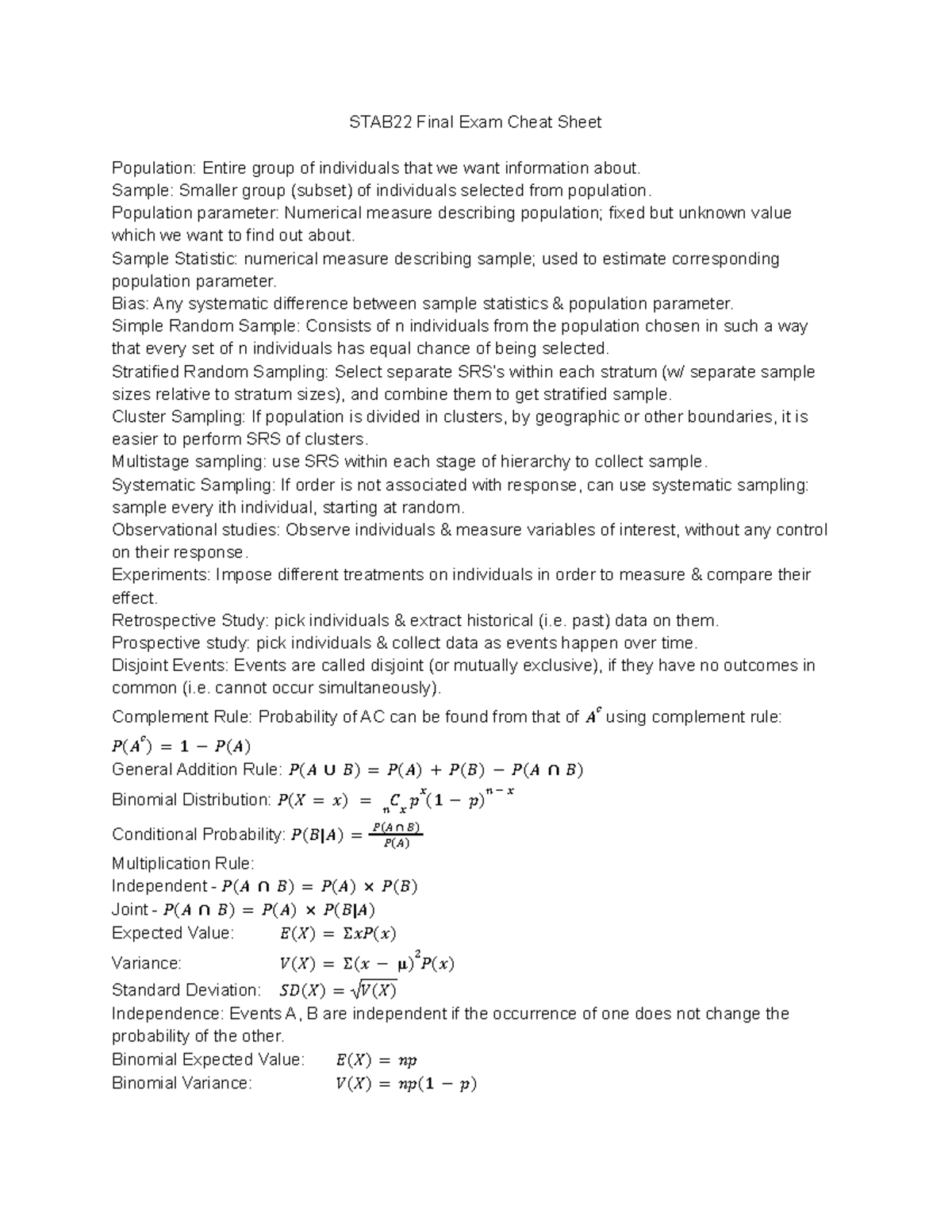 STAB22 Final Exam Cheat Sheet - STAB22 Final Exam Cheat Sheet ...