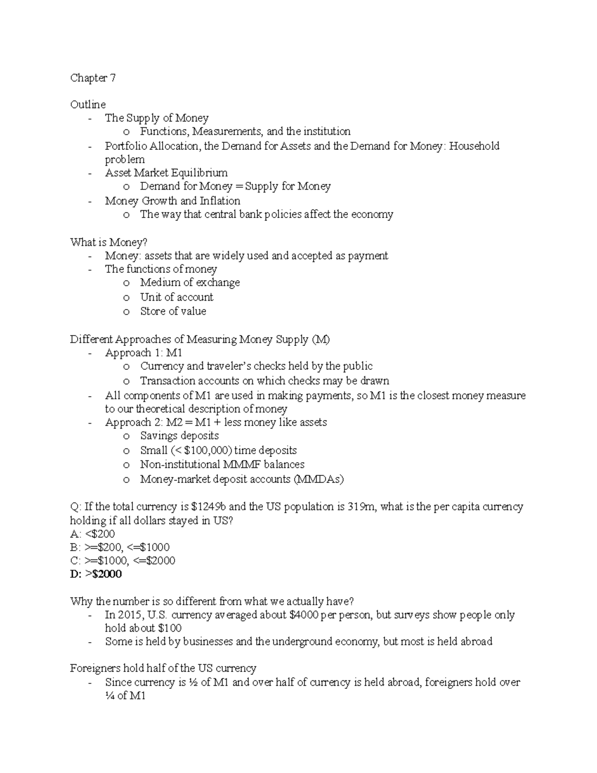 Chapter 7 Notes - Chapter 7 Outline - The Supply of Money o Functions ...