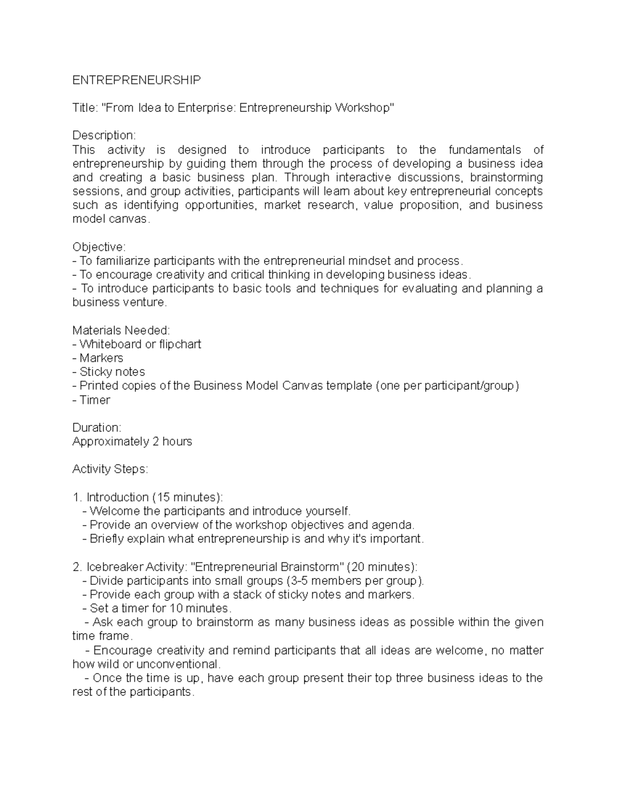 Activity - ENTREPRENEURSHIP Title: "From Idea to Enterprise ...