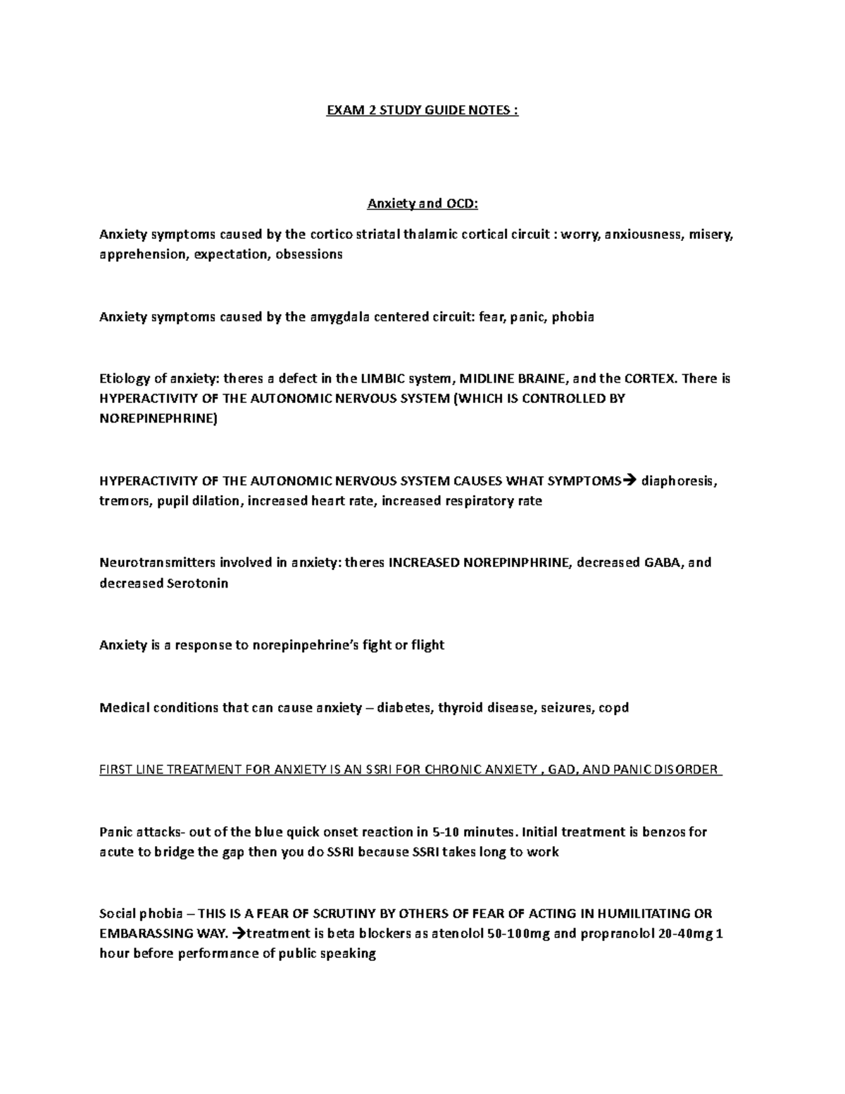 EXAM 2 Study Guide Notes - EXAM 2 STUDY GUIDE NOTES : Anxiety and OCD ...