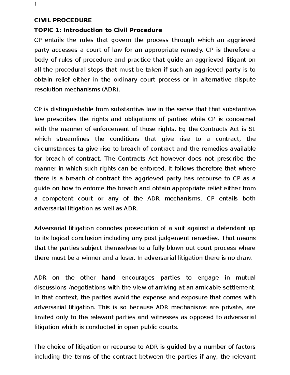 Civil Procedure 1 - CIVIL PROCEDURE TOPIC 1: Introduction to Civil ...