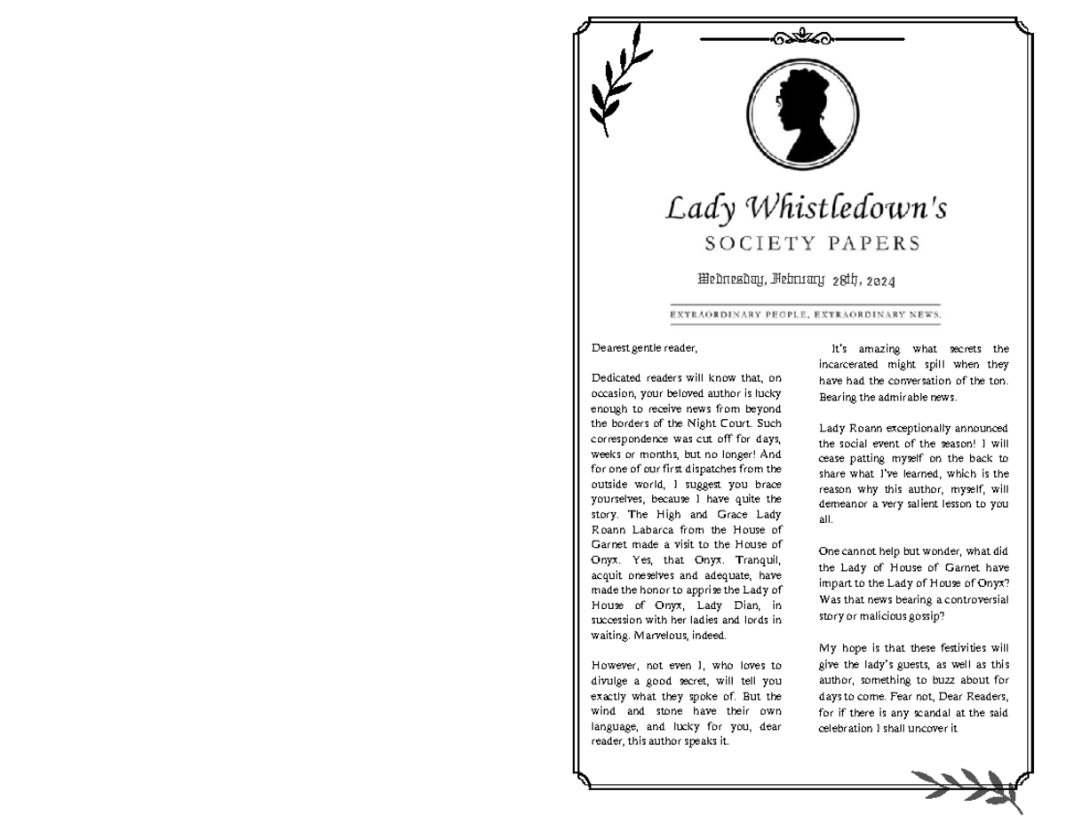 Copy of Lady whistledown society paper 2 - Dearest gentle reader, Dedicated readers will know ...