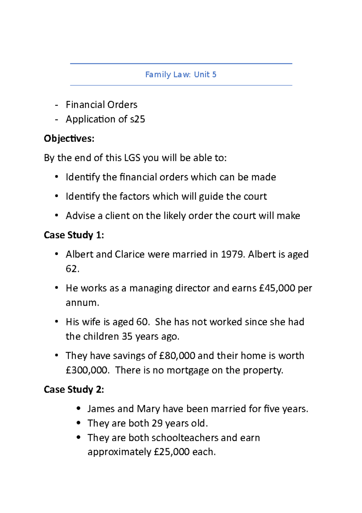 Family Law UNIT 5 - Lecture notes 5 - Family Law: Unit 5 Financial ...