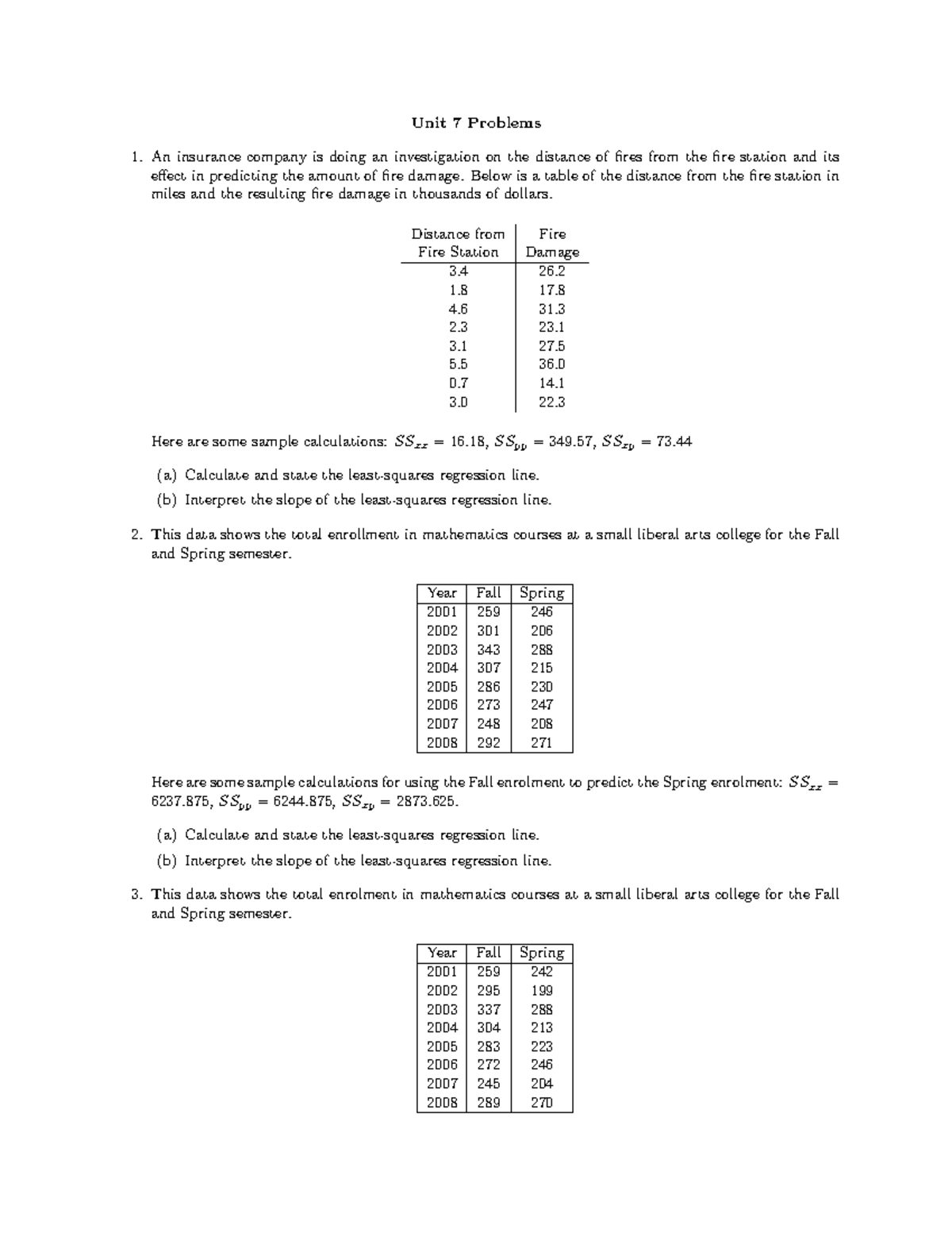 STATS 1150 Unit 7 Practice problems - Unit 7 Problems An insurance ...