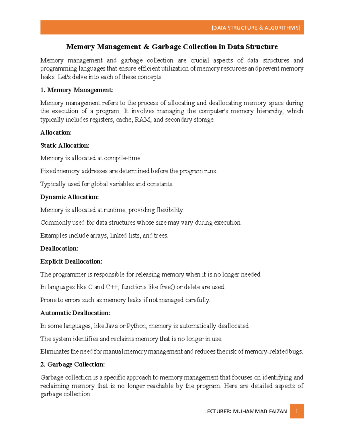Memory Management And Garbage Collection [data Structure And Algorithms] Lecturer Muhammad