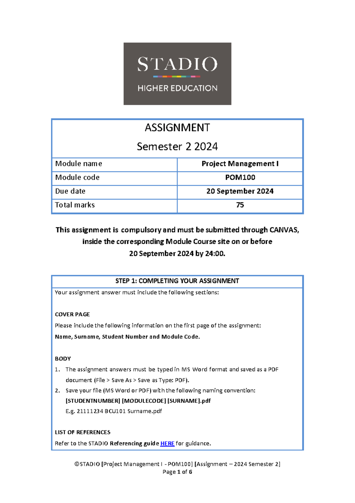 POM100 2024 02 ASMT-1 - assignment - ©STADIO [Project Management I ...