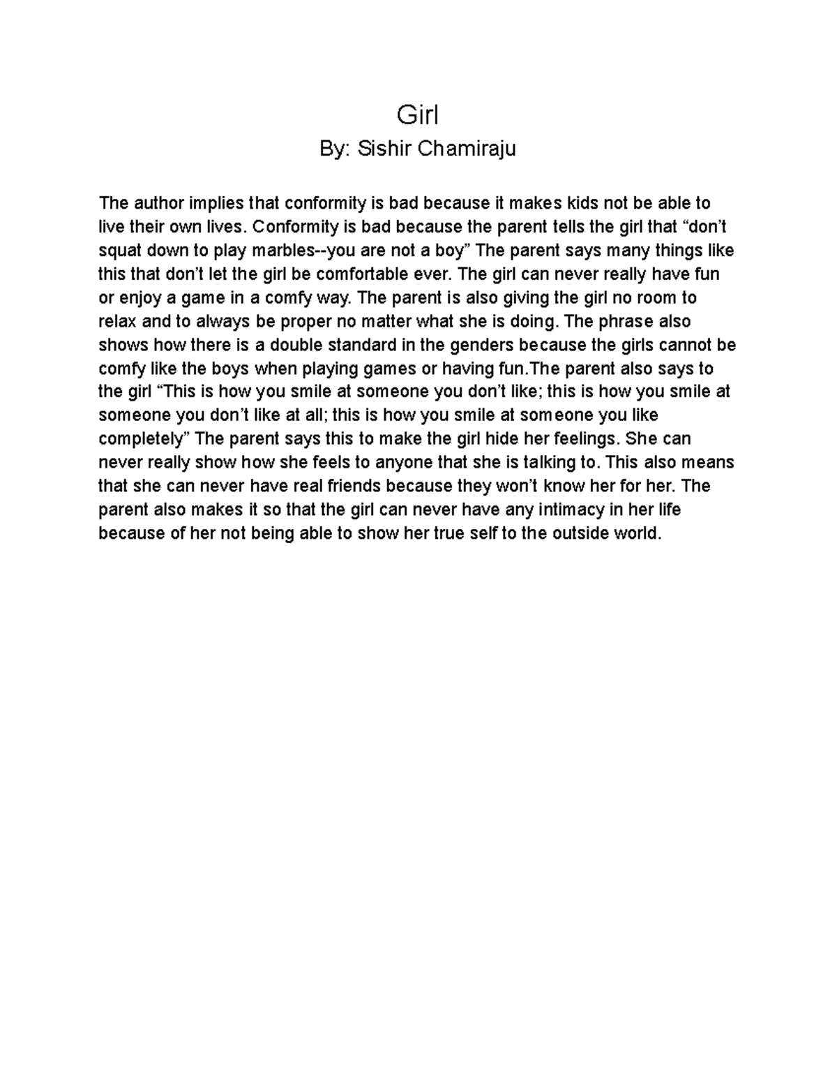 "Girl" paragraph Sishir Chamiraju-2 - Girl By: Sishir Chamiraju The ...