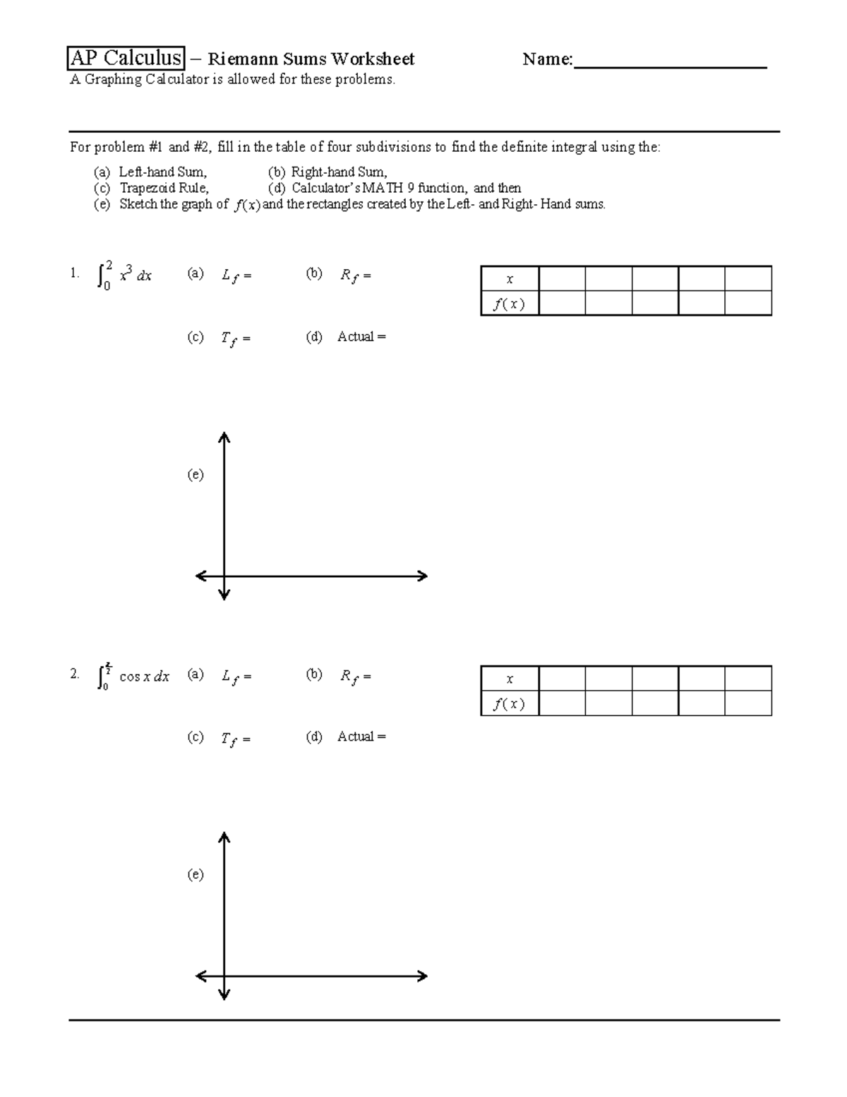 1 - AP Riemann Sums Worksheet - AP Calculus – Riemann Sums Worksheet ...