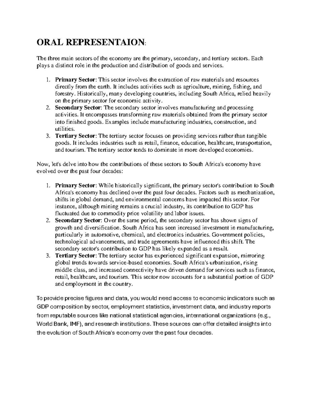 ORAL Representaion - ORAL REPRESENTAION: The three main sectors of the ...