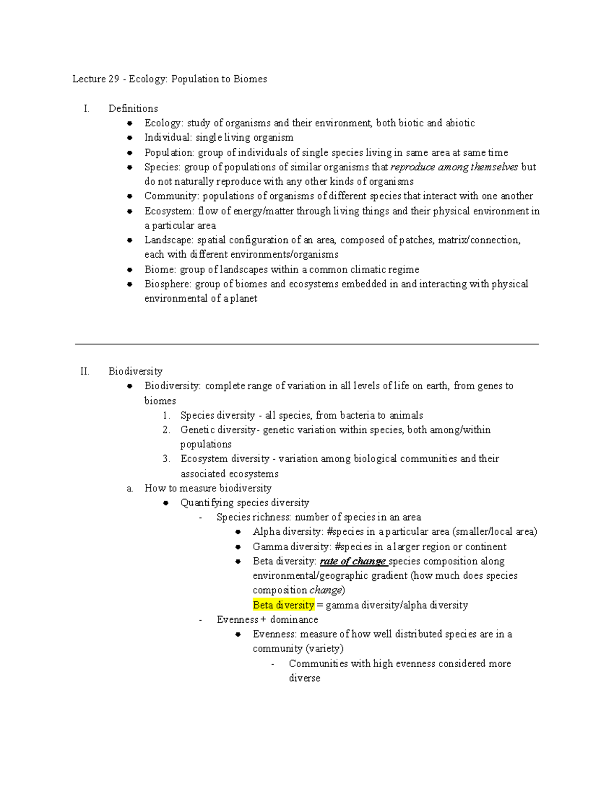 Lecture 29 - Ecology Population to Biomes - Lecture 29 - Ecology: Population to Biomes I. - Studocu