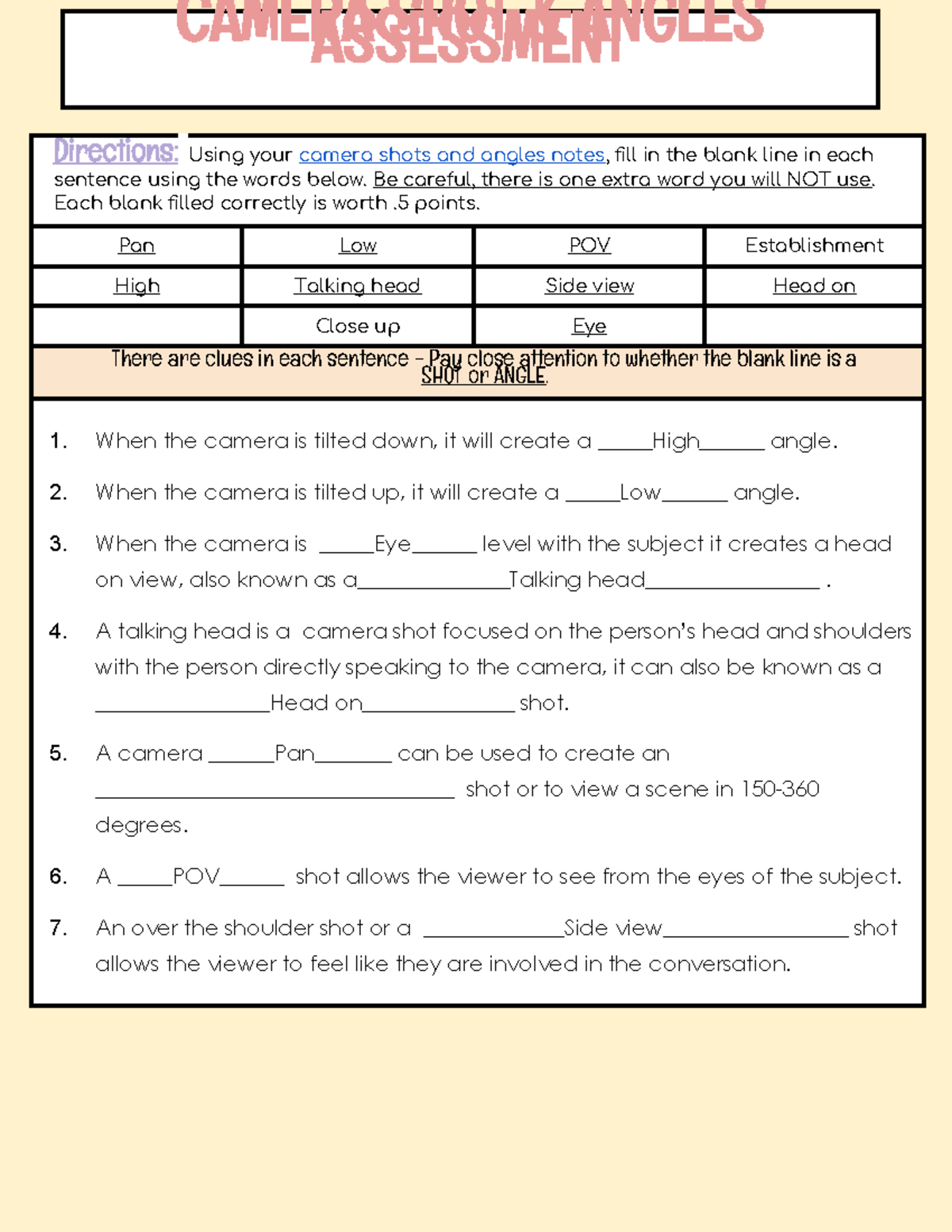Copy of QUIZ Camera shot angle assessment - Directions: Using your ...