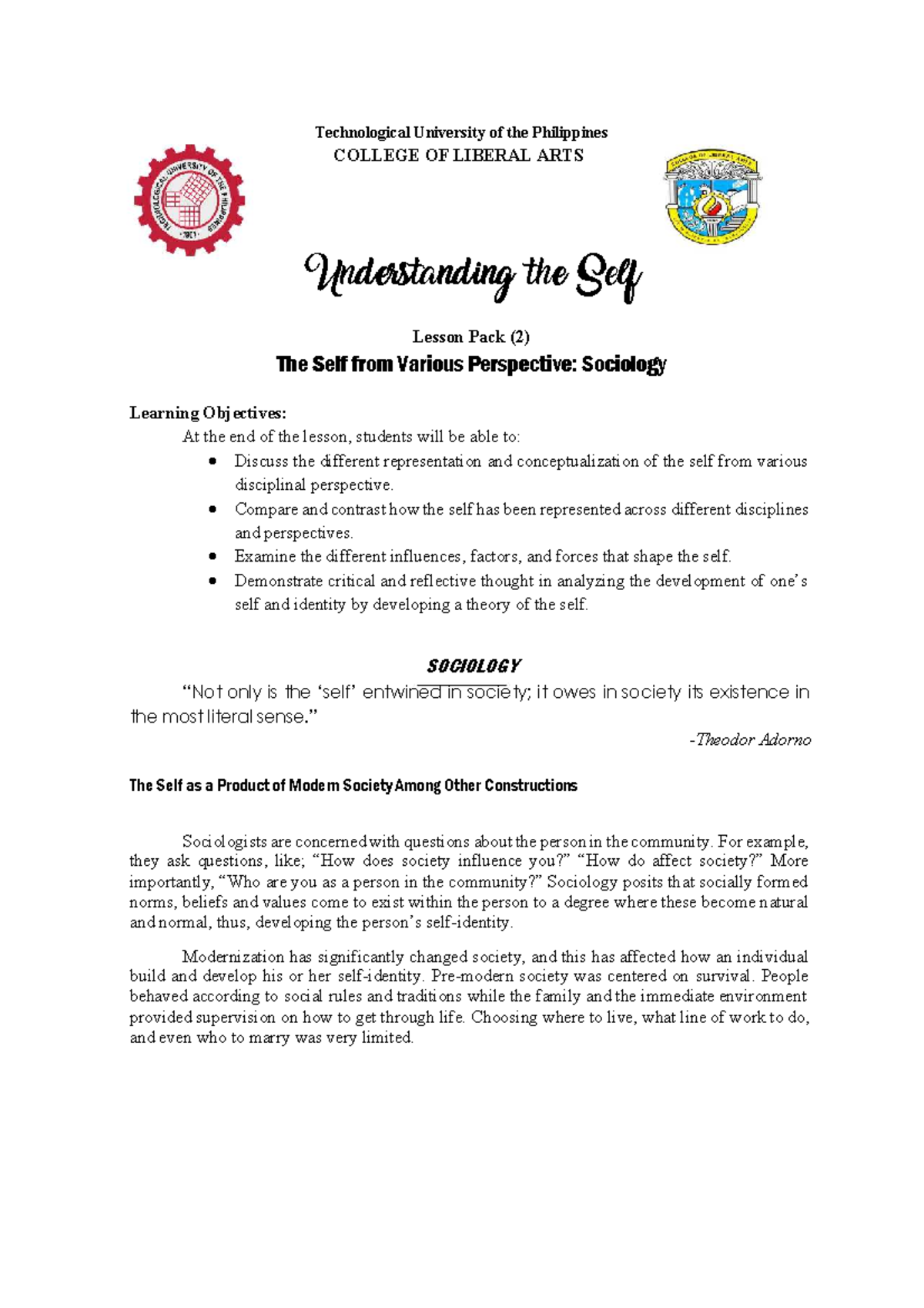 Understanding the self lesson 2 - Technological University of the ...