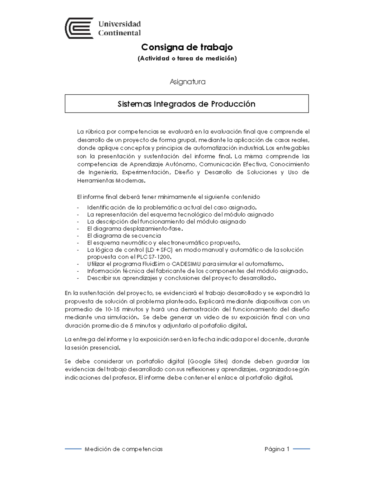 Consigna Trabajo Final - Medición de competencias Página 1 Consigna de trabajo (Actividad o ...
