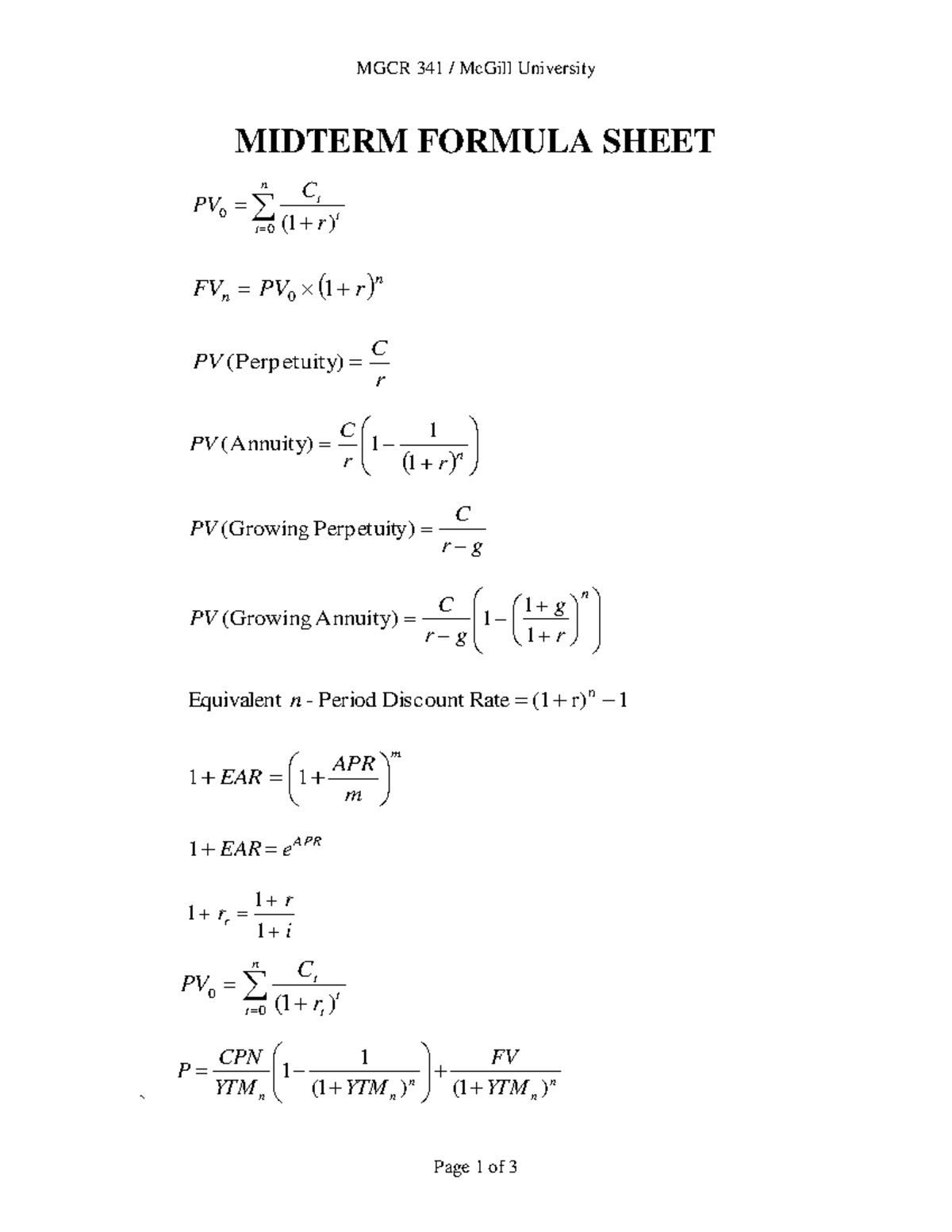 Formula-Sheet-Midterm - MGCR 341 / McGill University Page 1 of 3 MIDTERM FORMULA SHEET ` ( ) n ...