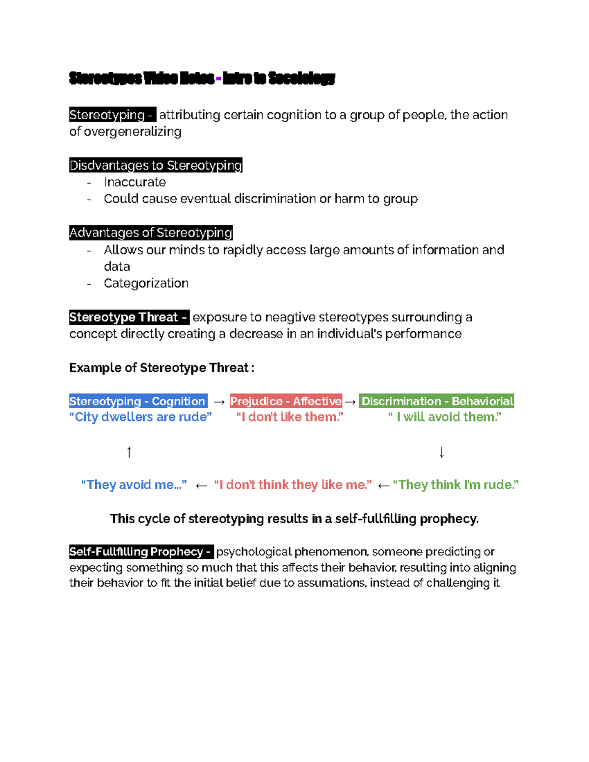 Intro to Sociology Notes - Stereotypes Video Notes - Stereotypes Video ...